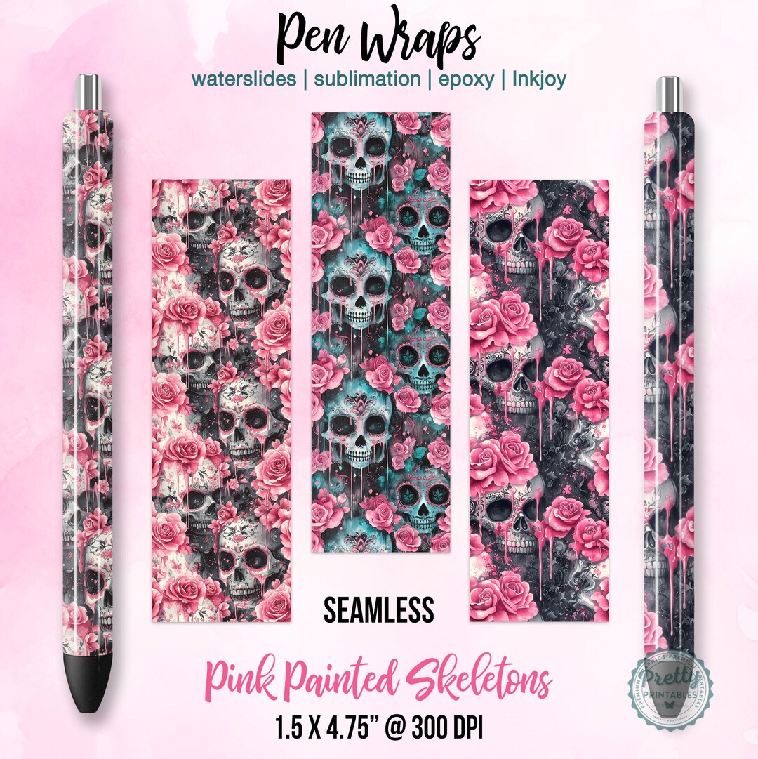 Pink Skull Pen Wrap PNG: Pen Wrap Sublimation Bundle, Roses Pen Wraps ...