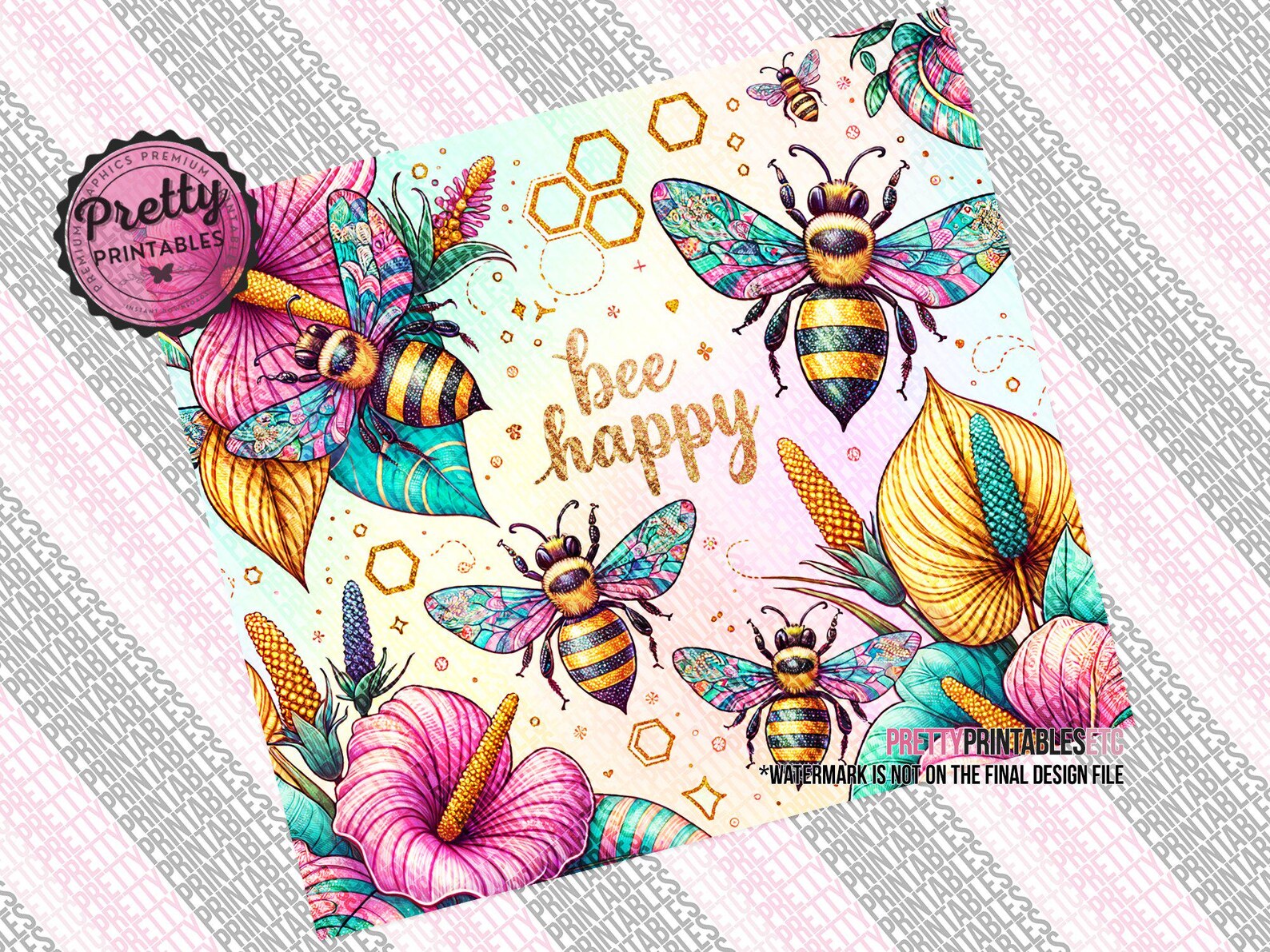Bee Tumbler PNG Wrap: Bee Happy 20 Oz Sublimation Design, Glitter ...