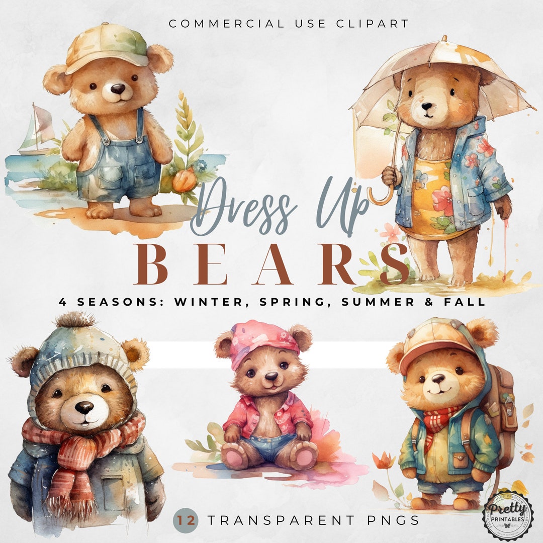 Watercolor Teddy Bear Clipart Bundle: Four Seasons, Commercial Use Cute ...