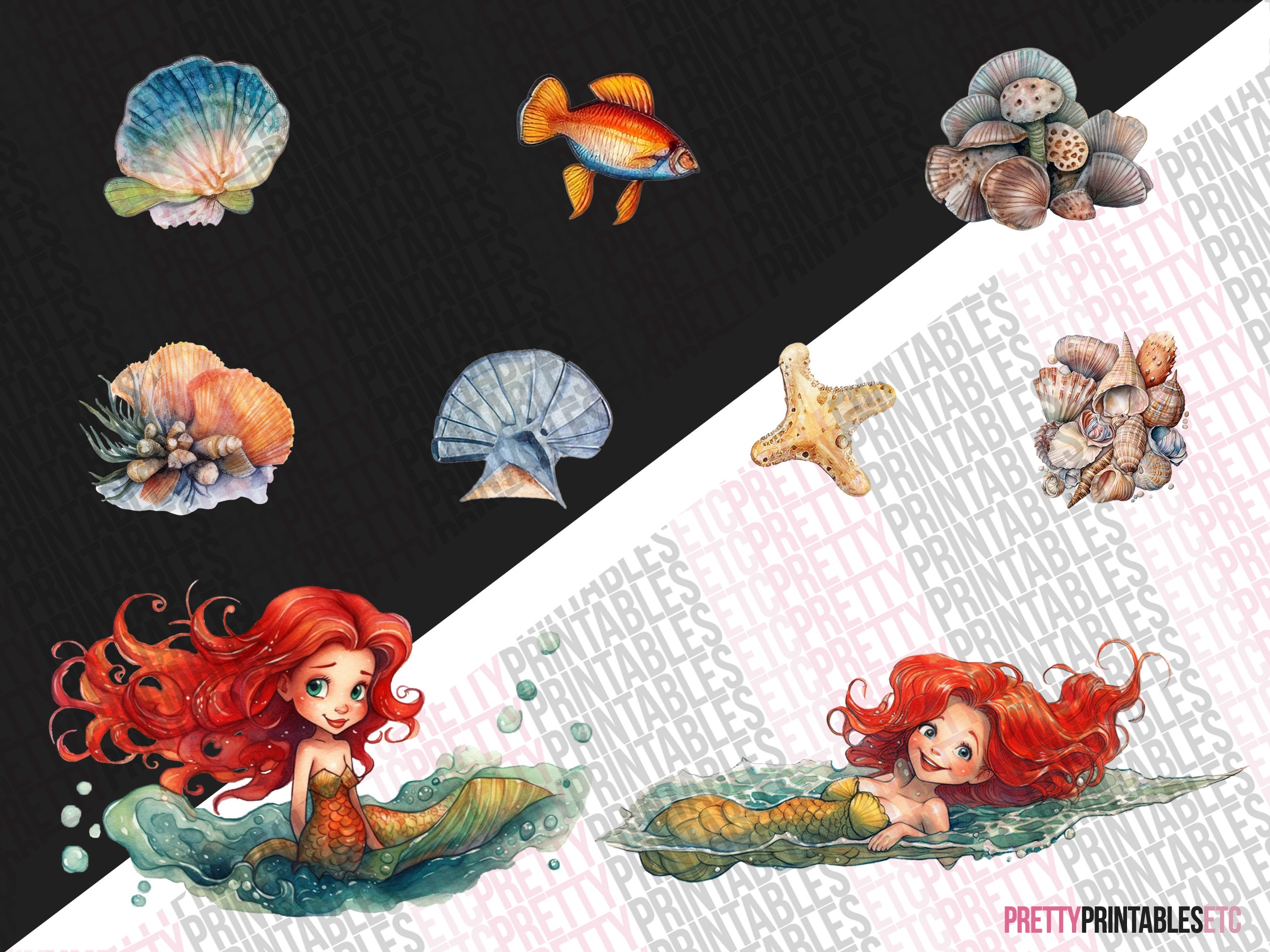 Watercolor Mermaid Clipart Bundle: Adorable Little Mermaids & Under the ...