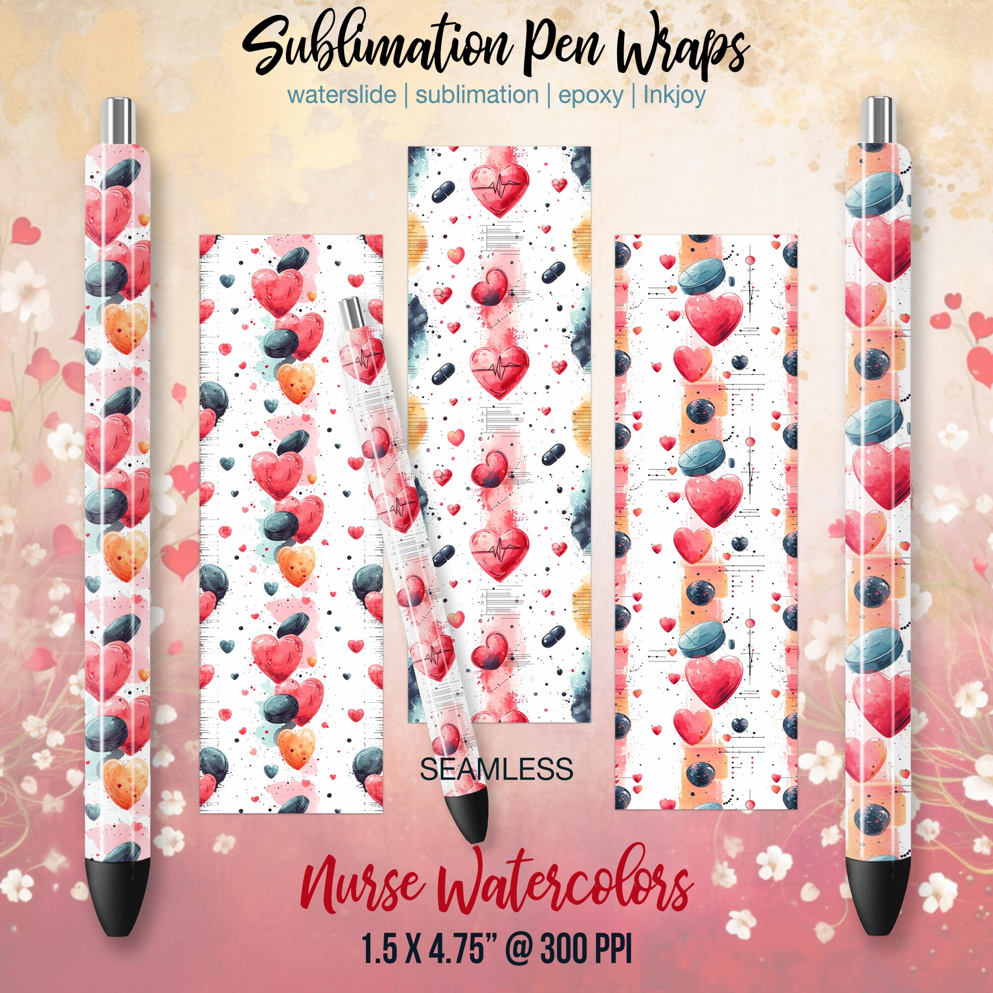 Nurse Pen Wraps: Seamless Heart Pen Wrap Bundle for Medical Professionals, Waterslide Pen Wraps ...