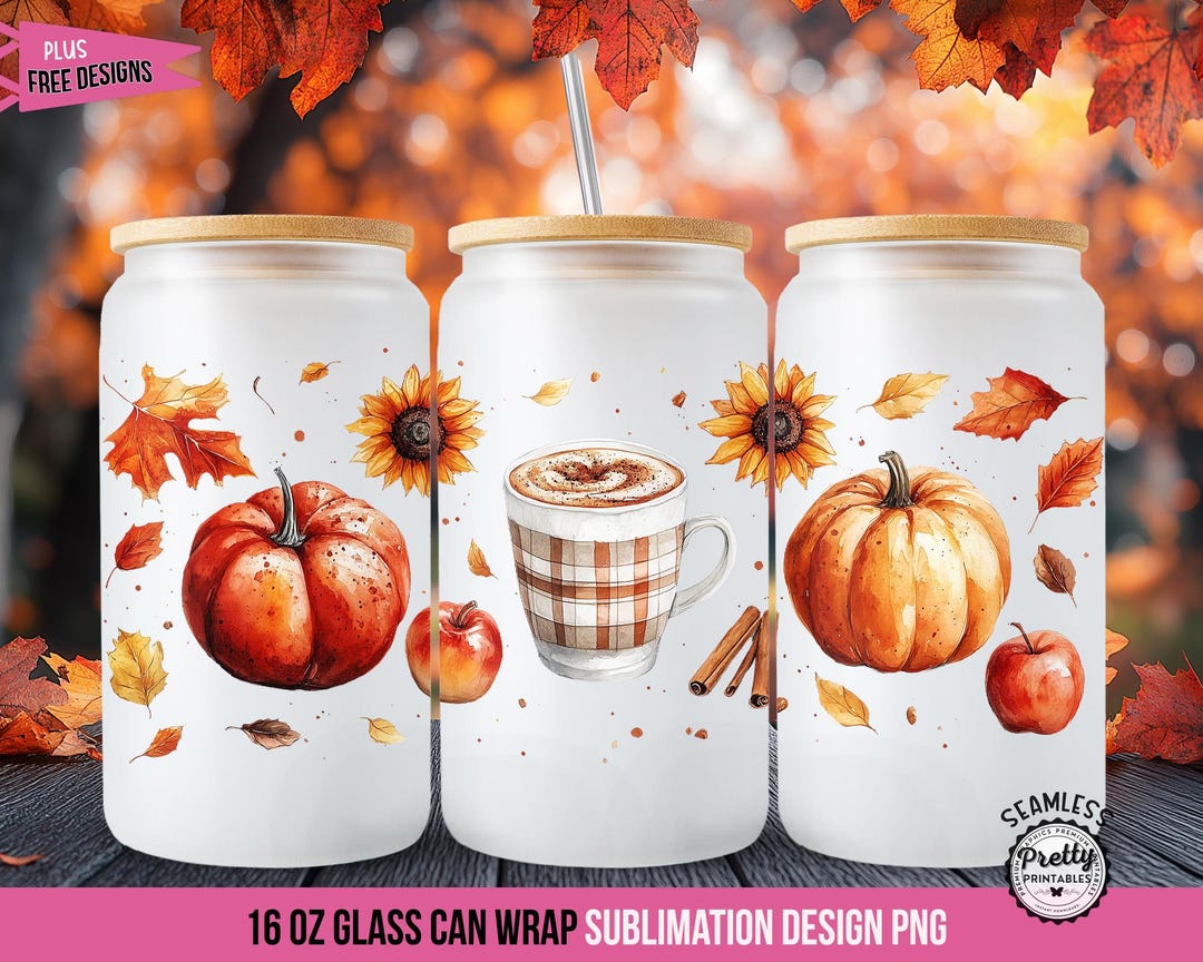 Fall Libbey Glass Can PNG: 16oz Sublimation Design Mug Wrap, Fall Glass ...