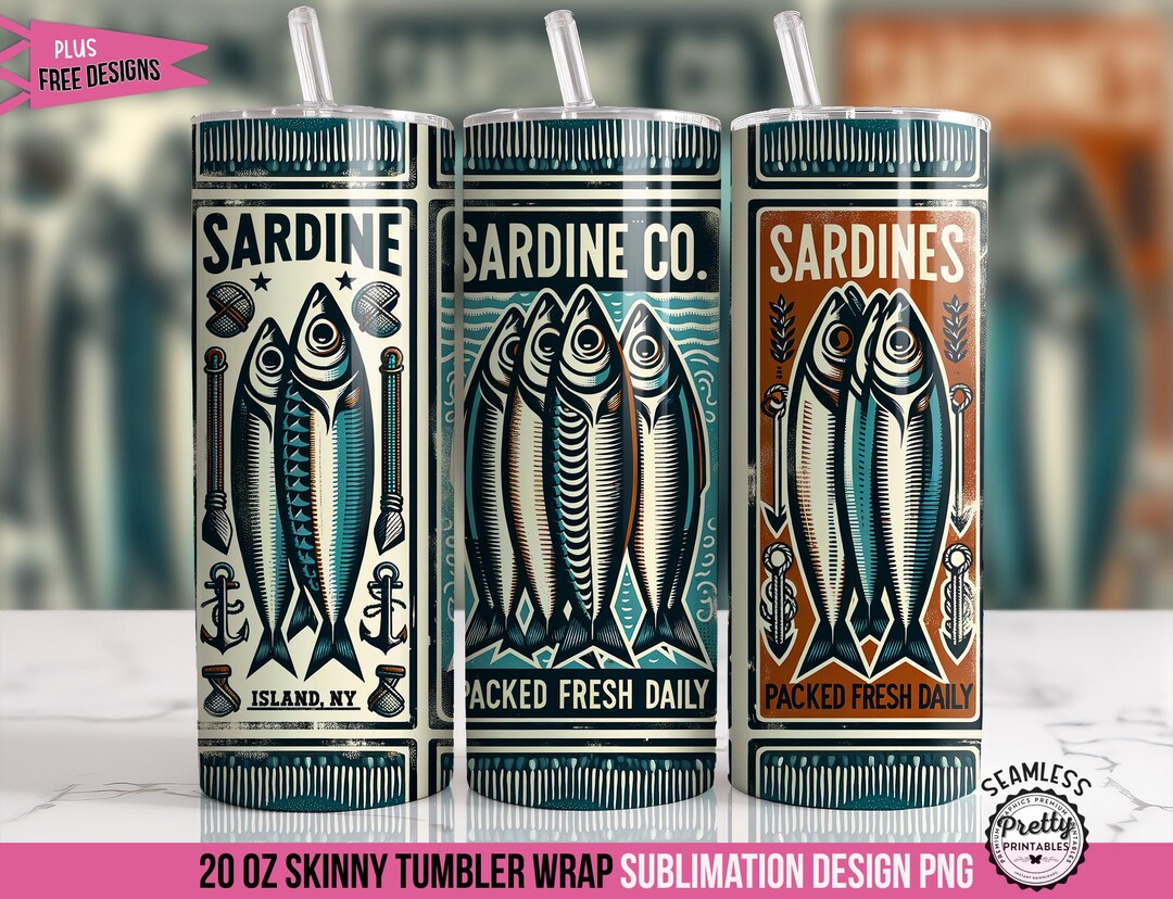 Retro Sardines PNG Tumbler Wrap: 20 Oz Sublimation Design, Fisherman ...