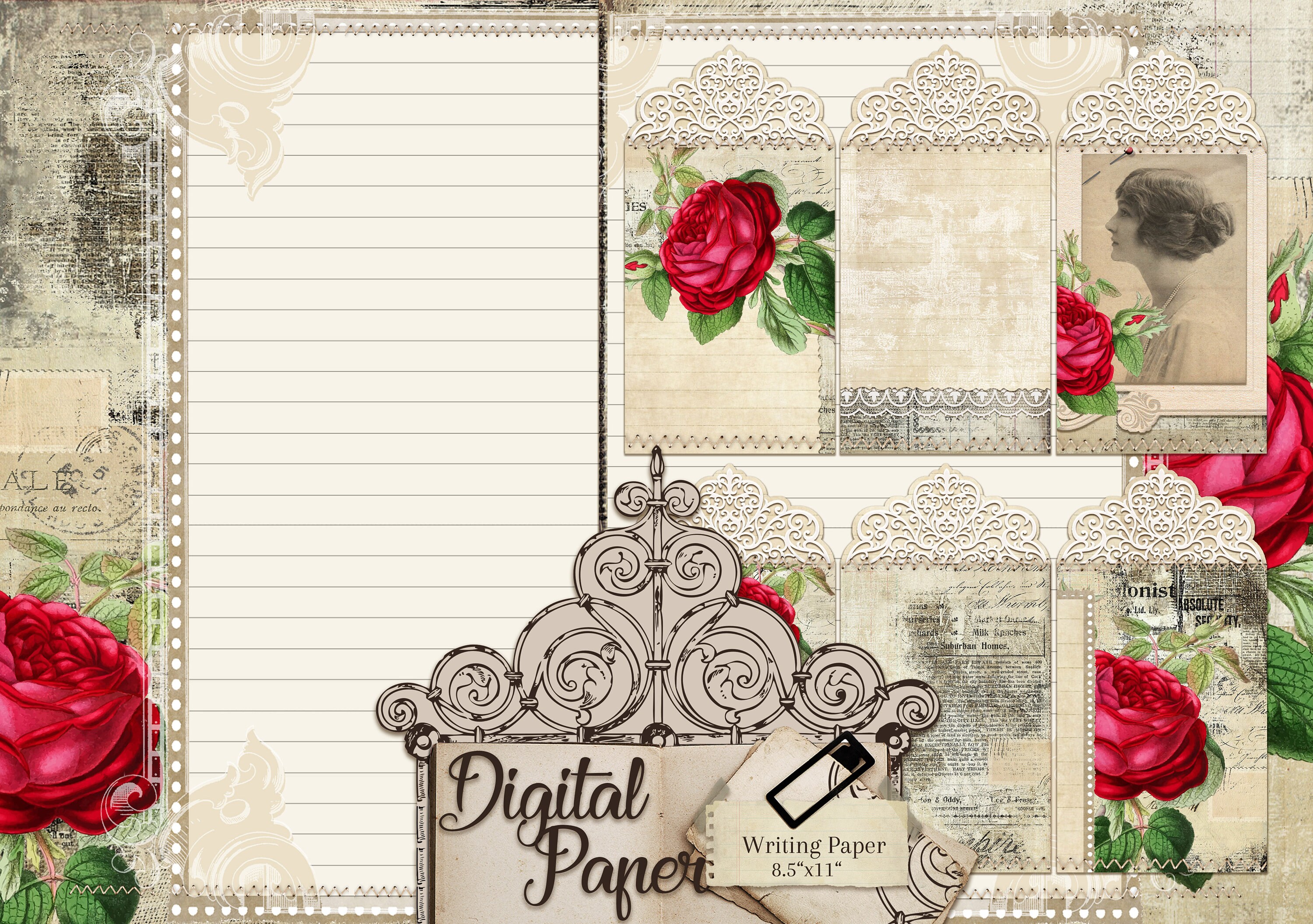 Printable Writing Paper Rose Digital Notebook Ephemera | Etsy