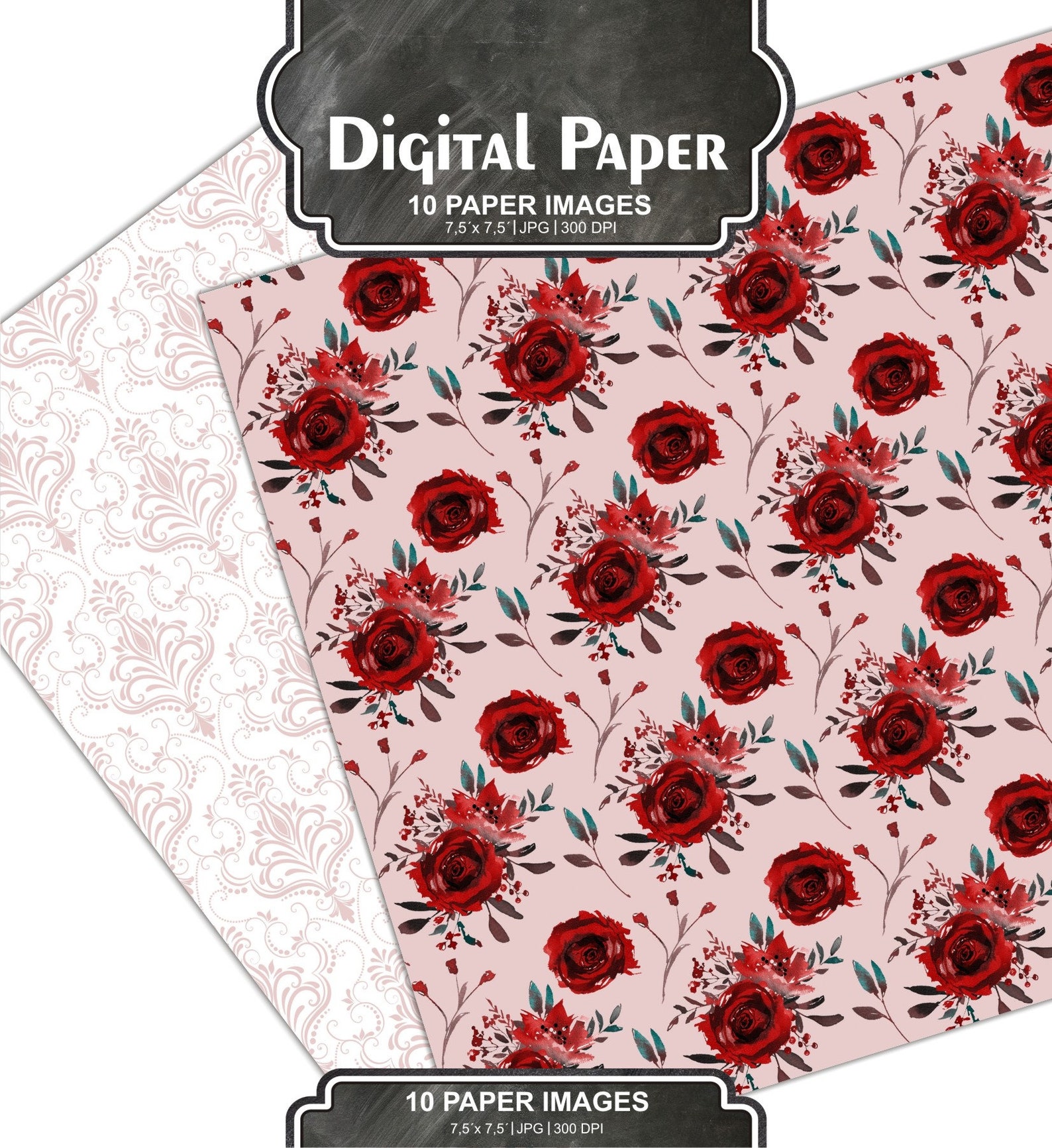 Watercolor Scrapbook roses Digital Paper Pack - Etsy