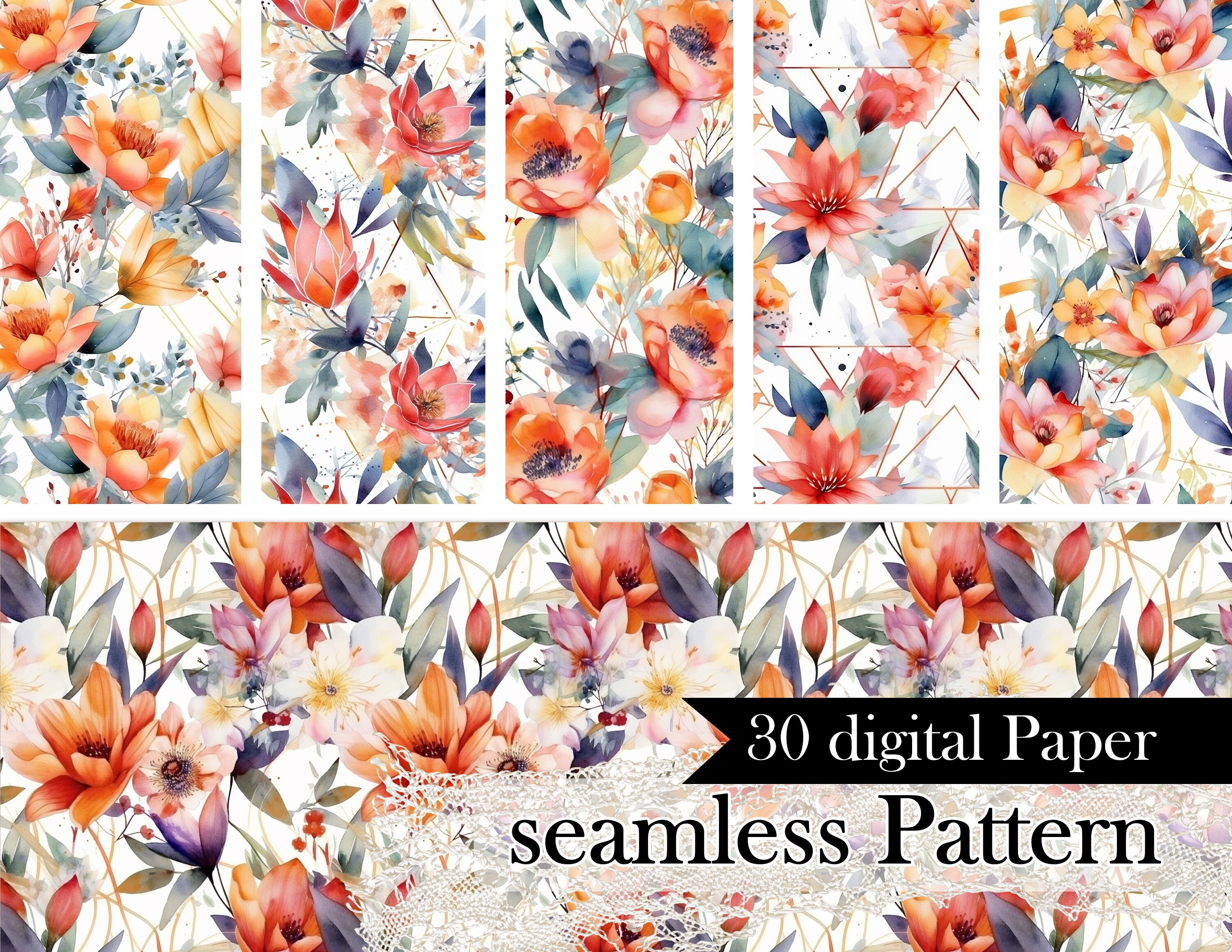 Watercolor Floral Digital Paper Pack, Seamless Pattern, Commercial Use ...
