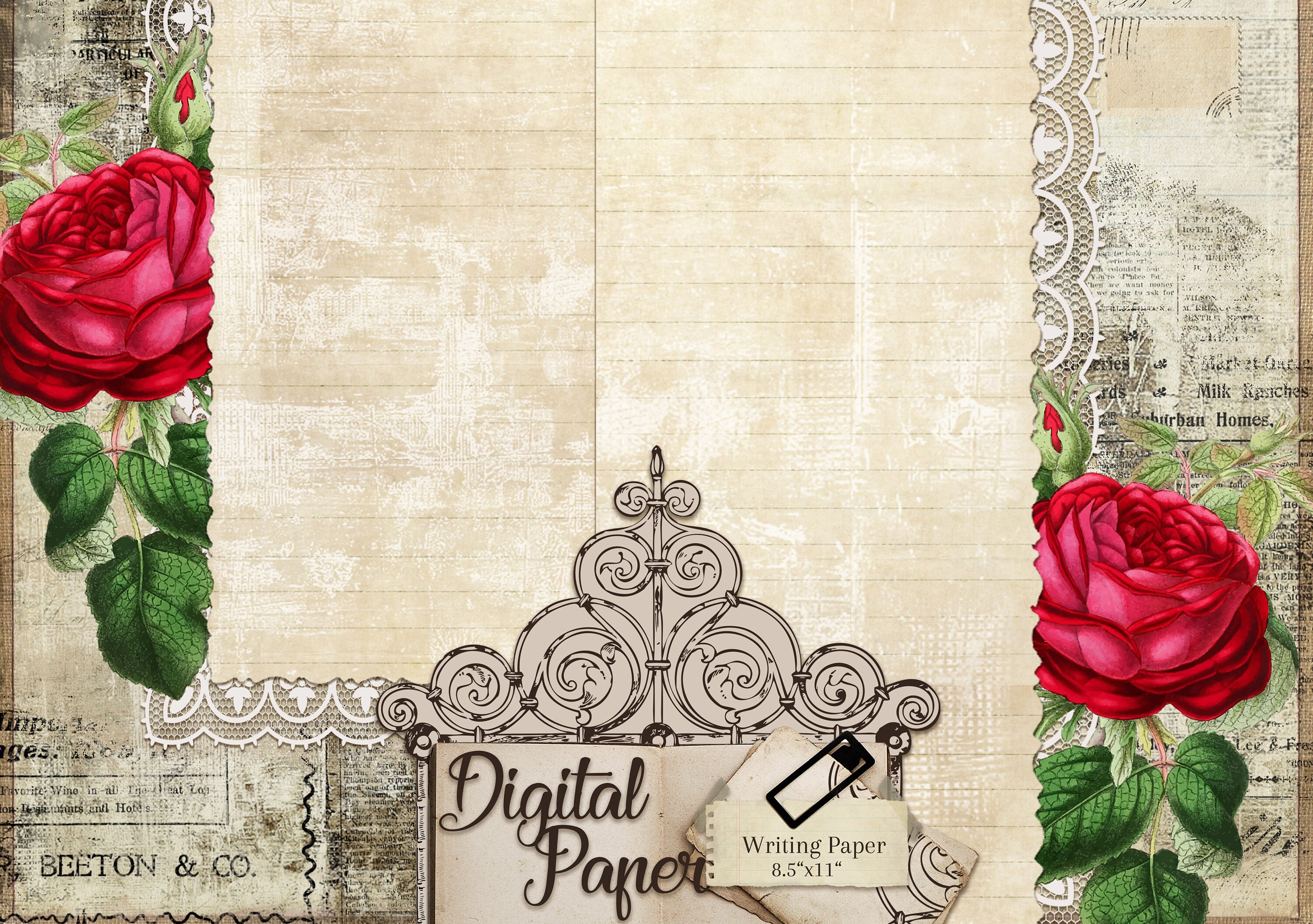Printable Writing Paper Rose Digital Notebook Ephemera | Etsy