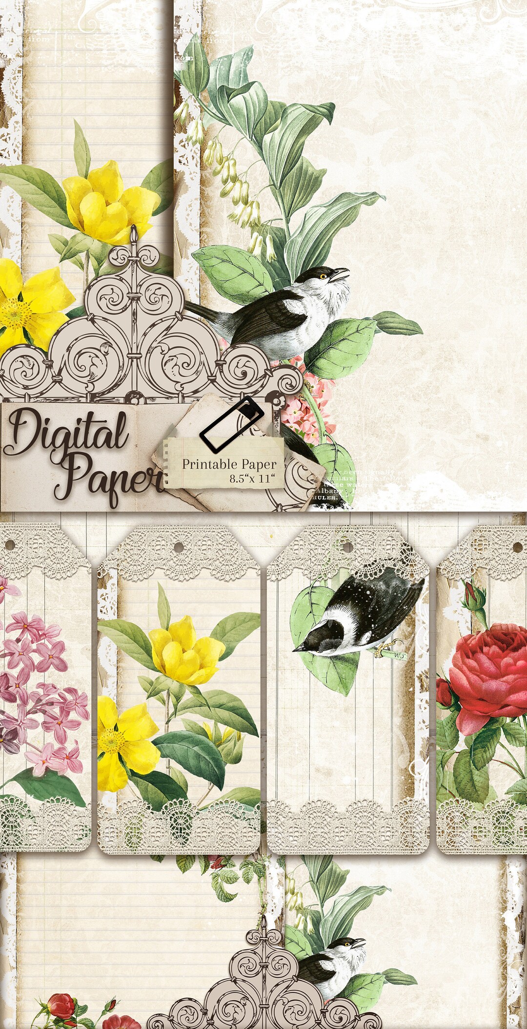 Scrapbook Paper, Printable Junk Journal Kit, Ephemera Pack, Botanical ...