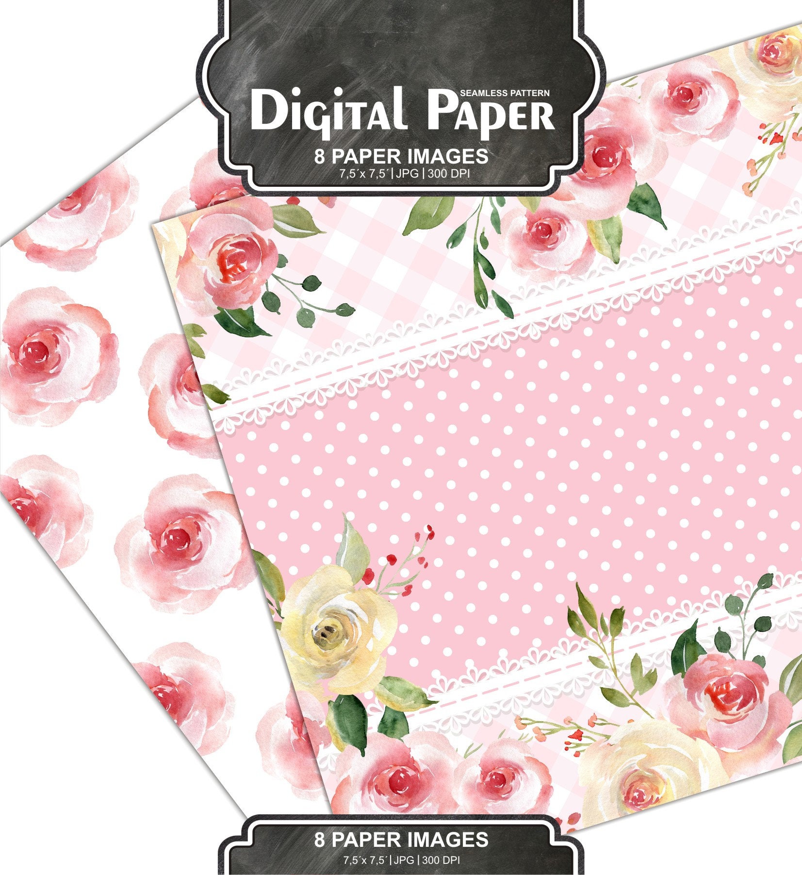 Rose Digital Paper Pack, Shabby Chic Papers, Background - Watercolor ...
