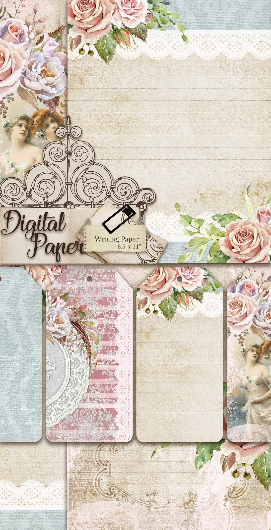 Printable Paper, Antique Rose Backgrounds, Watercolor Rose, Digital ...