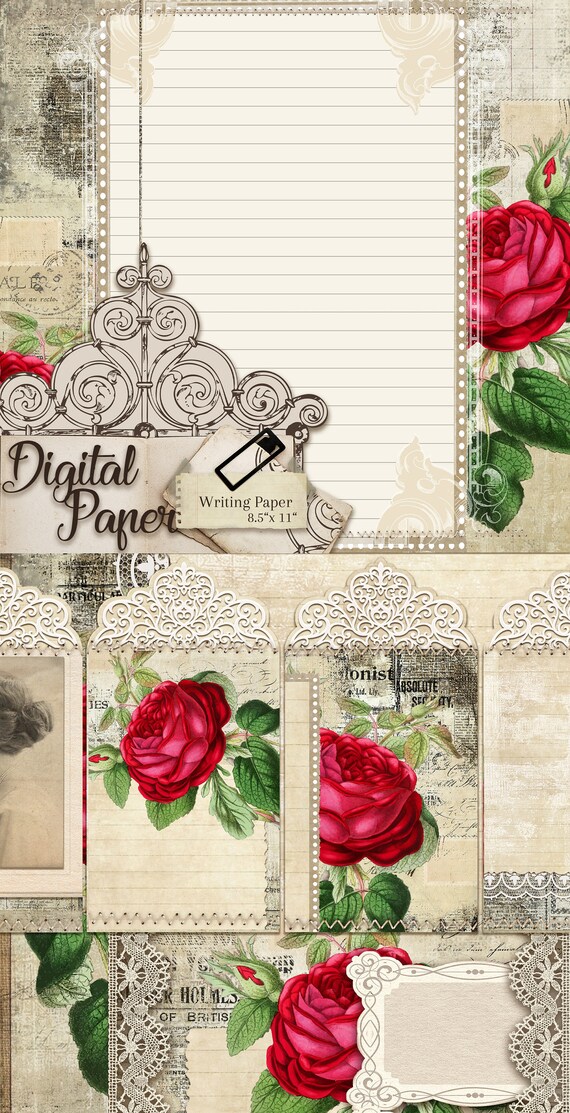 Printable Writing Paper Rose Digital Notebook Ephemera | Etsy