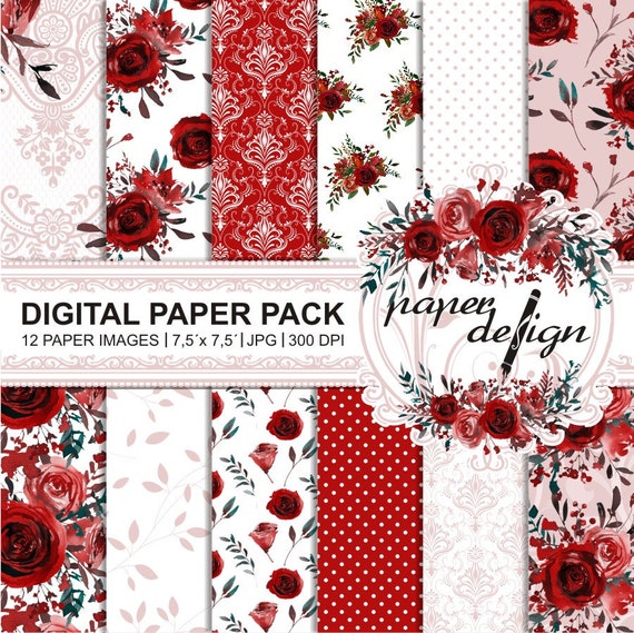 Watercolor Scrapbook Roses Digital paper pack | Etsy