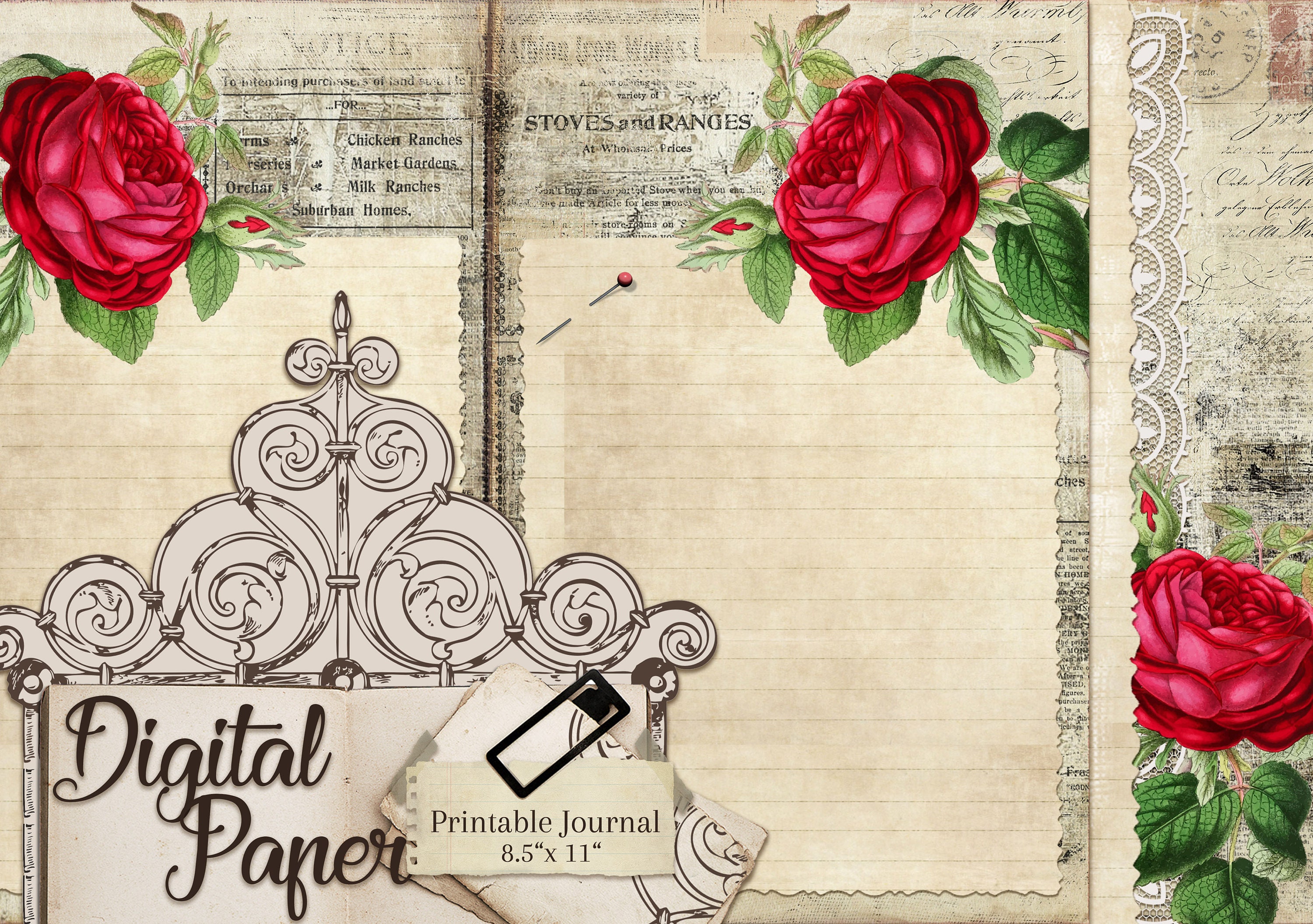 Printable Rose Journal , Ephemera, Printable Paper, Junk Journal, Pages ...