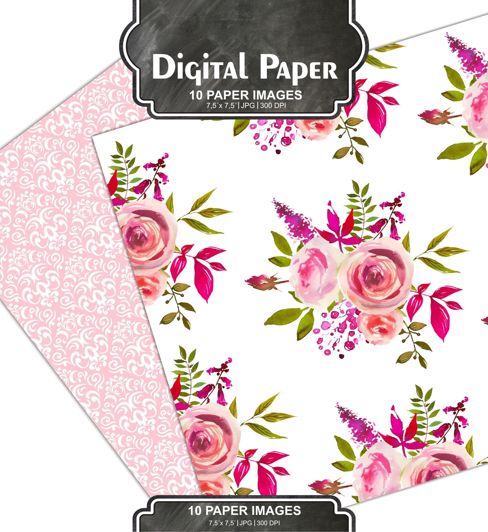 Shabby Chic Rose Digital Paper-watercolor Scrapbooking-paper Pack Roses ...