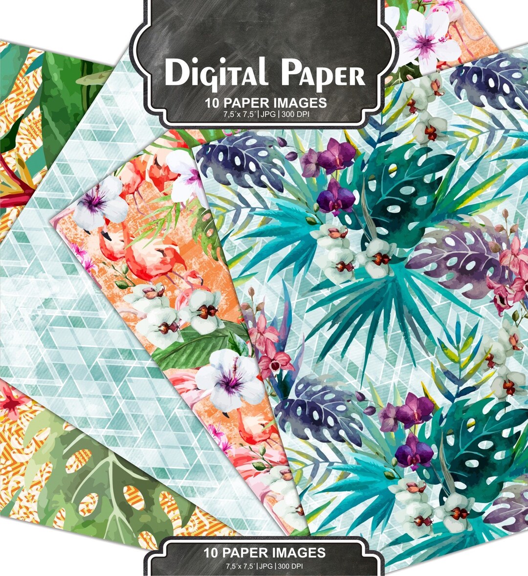 Tropical Summer Watercolor "digital Paper Pack" Instant Download Flower ...
