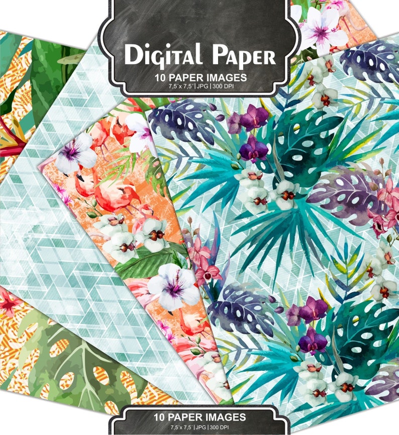 Tropical Summer Watercolor "digital Paper Pack" Instant Download Flower ...