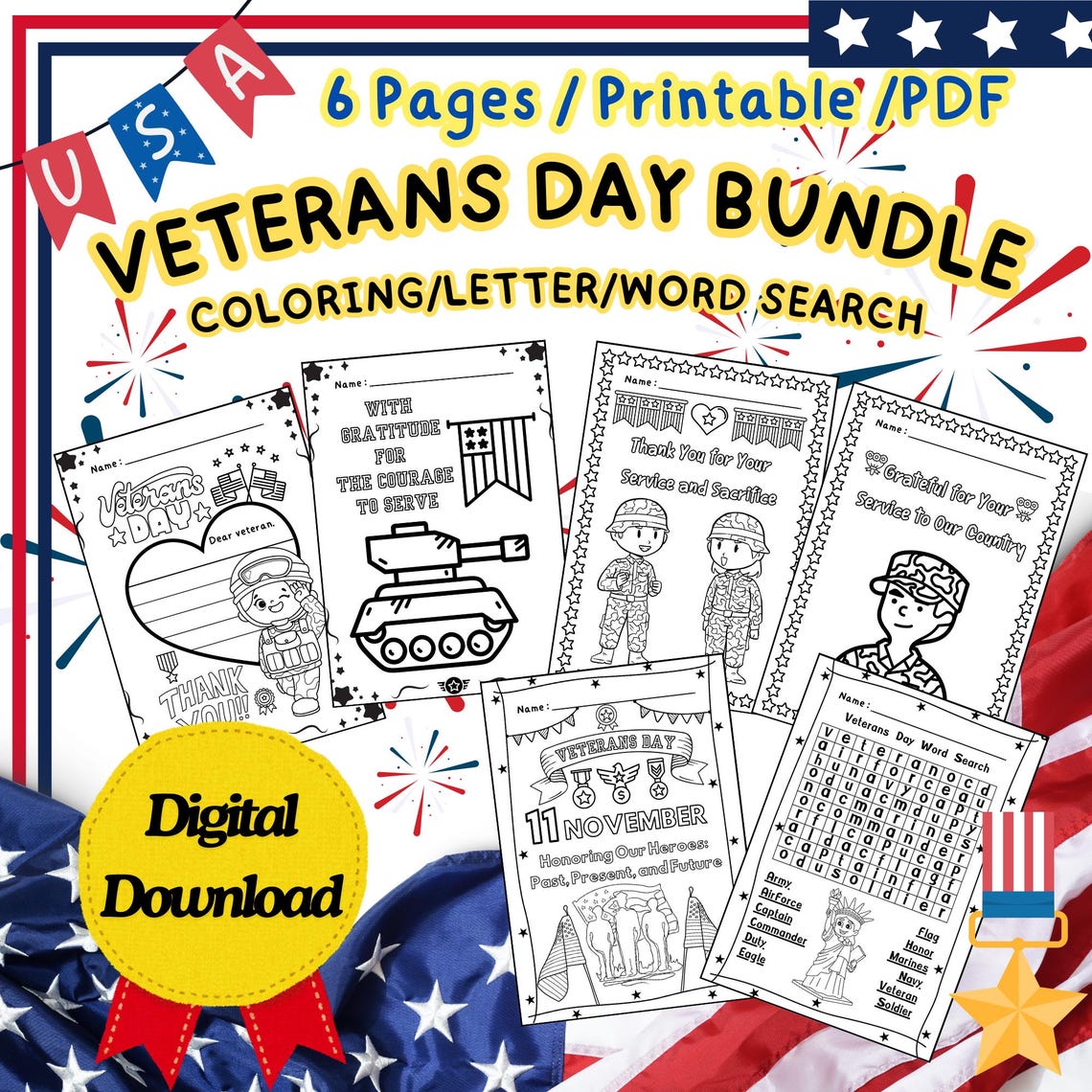 7 Printable Veterans Day Coloring, Letter, Word Searches /printable ...