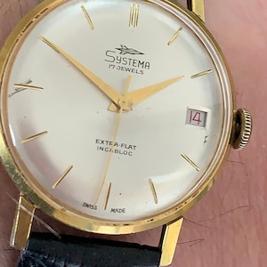 Vintage Mens Gold Plated Systema Extra Flat Incabloc Date Wrist Watch ...