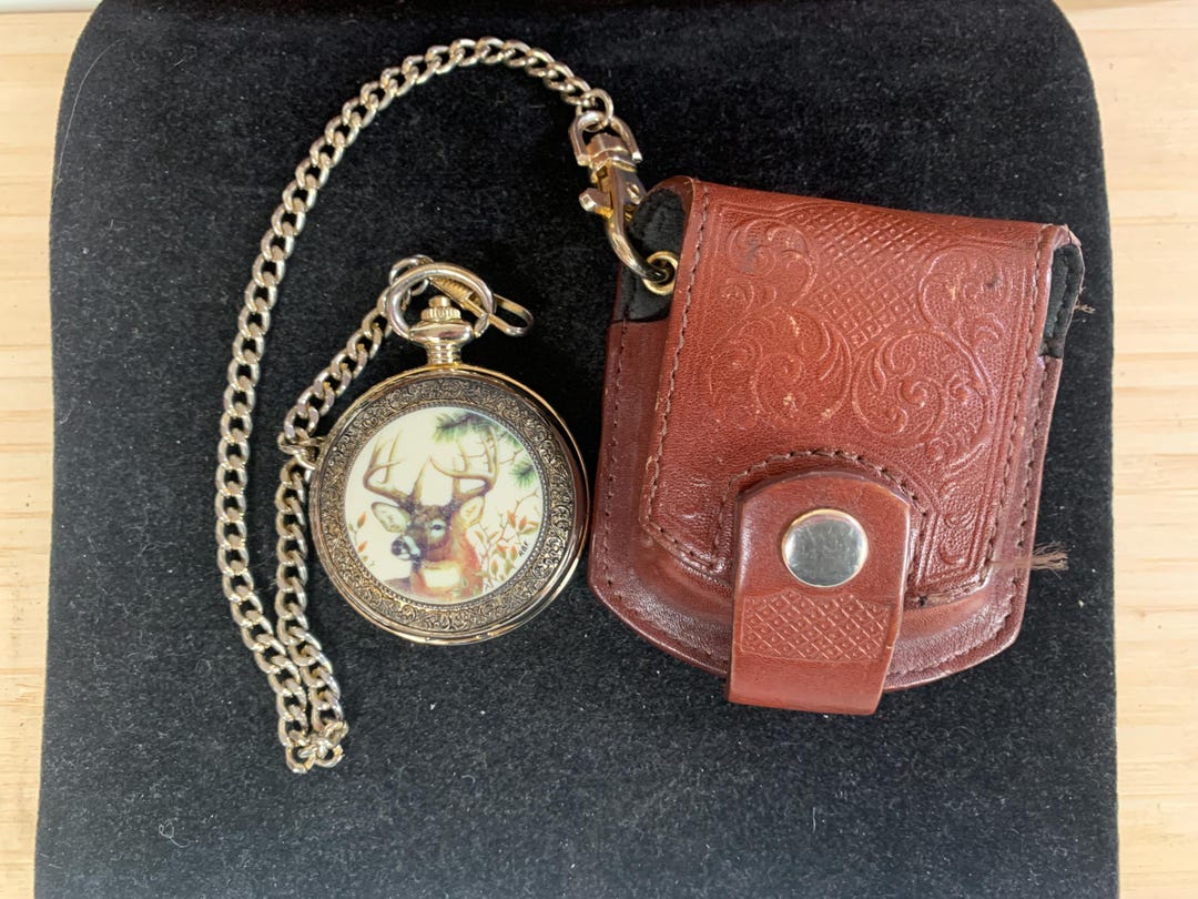 Franklin Mint 10 Point Buck Pocket Watch With Chain and Pouch With Belt ...