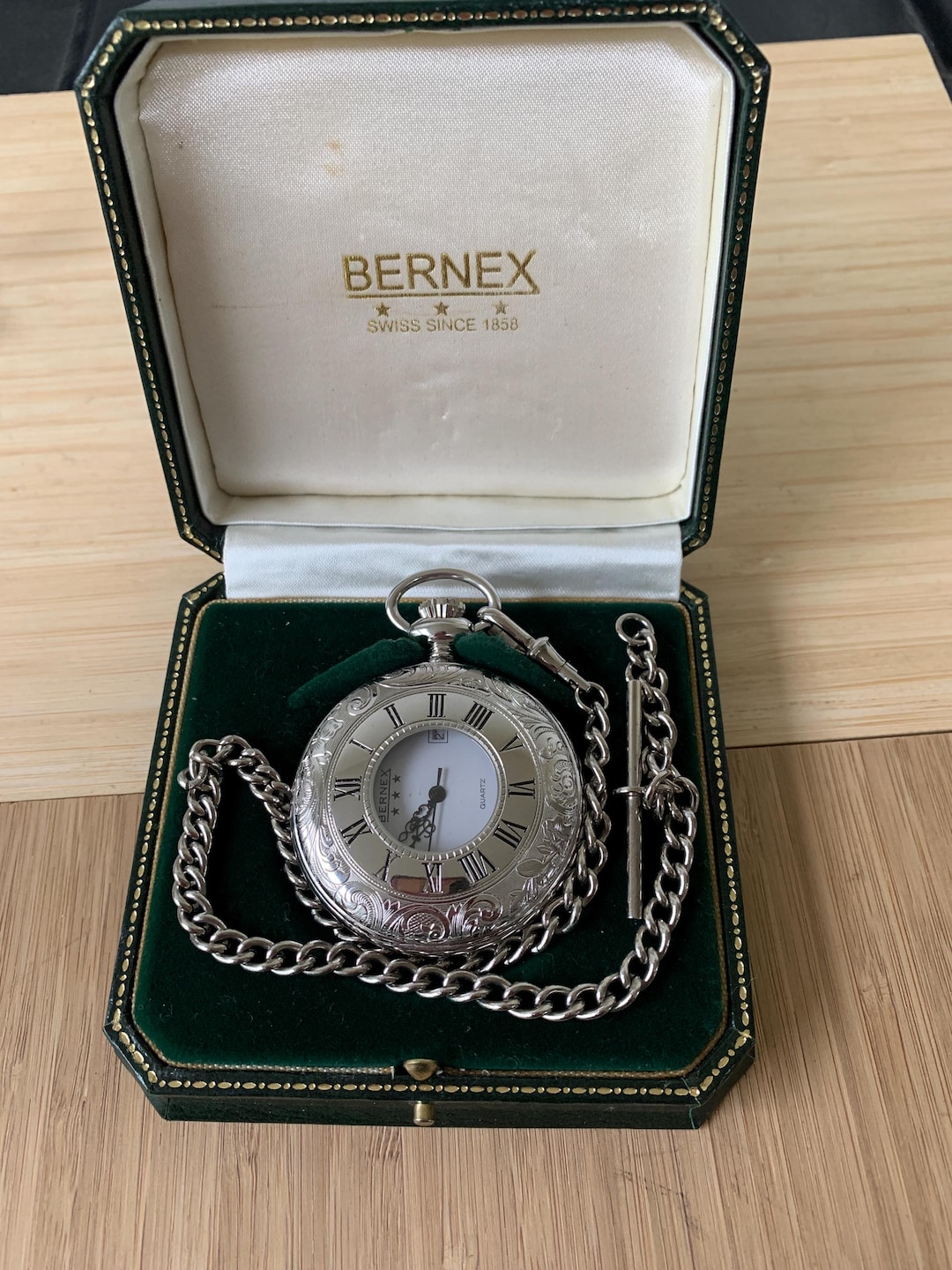 Half Hunter Quartz Pocket Watch With Date by Bernex With Chain in ...
