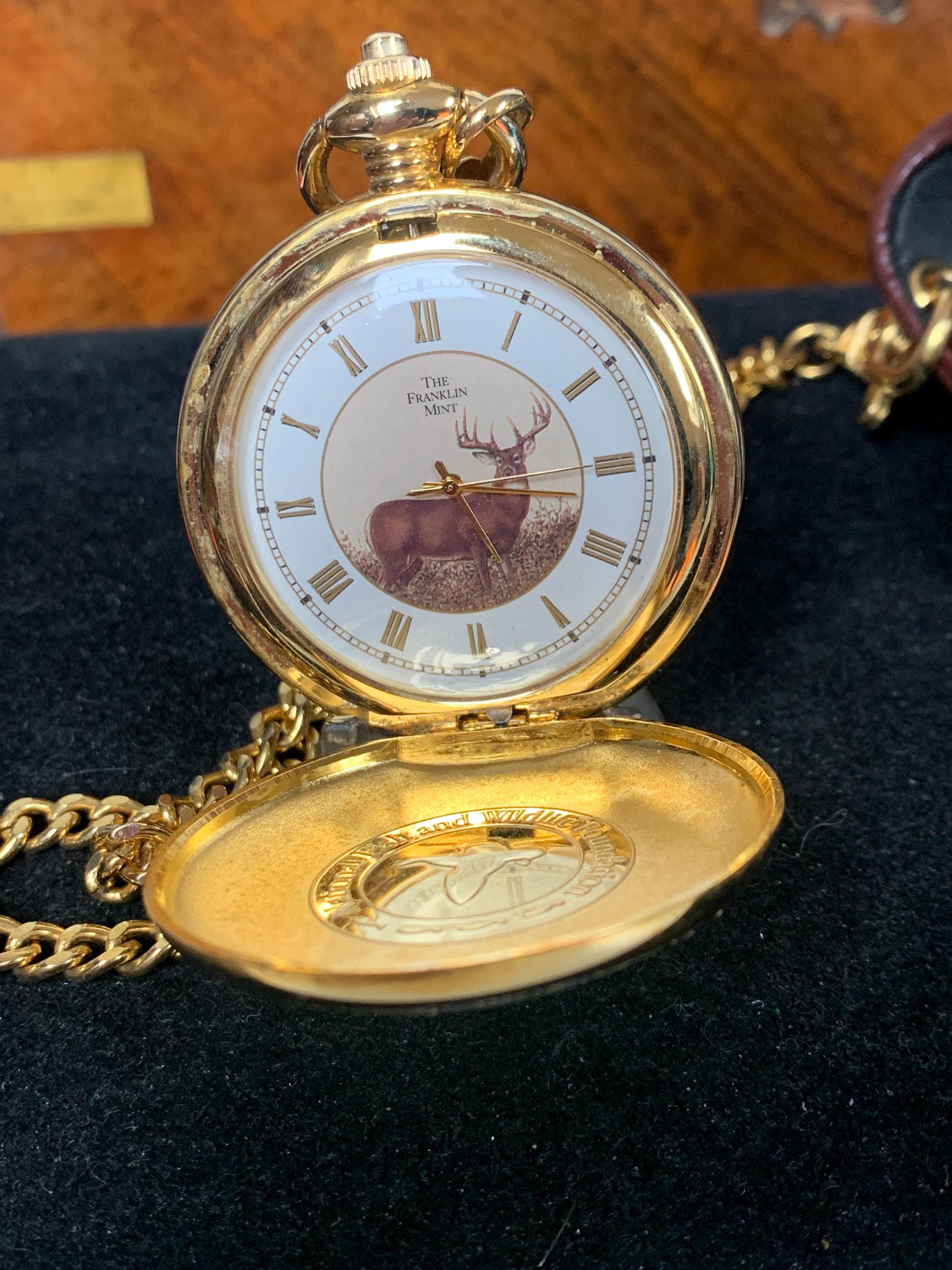 Franklin Mint 10 Point Buck Pocket Watch Keeps Good Time With Chain and ...