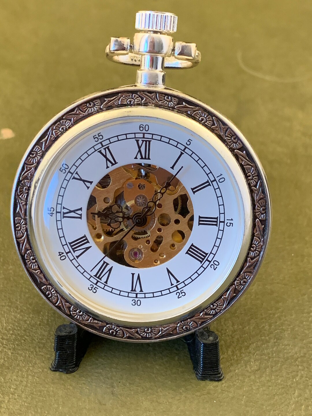 Mechanical Open Face Silver Plated Skeleton Pocket Watch Roman Numbers ...
