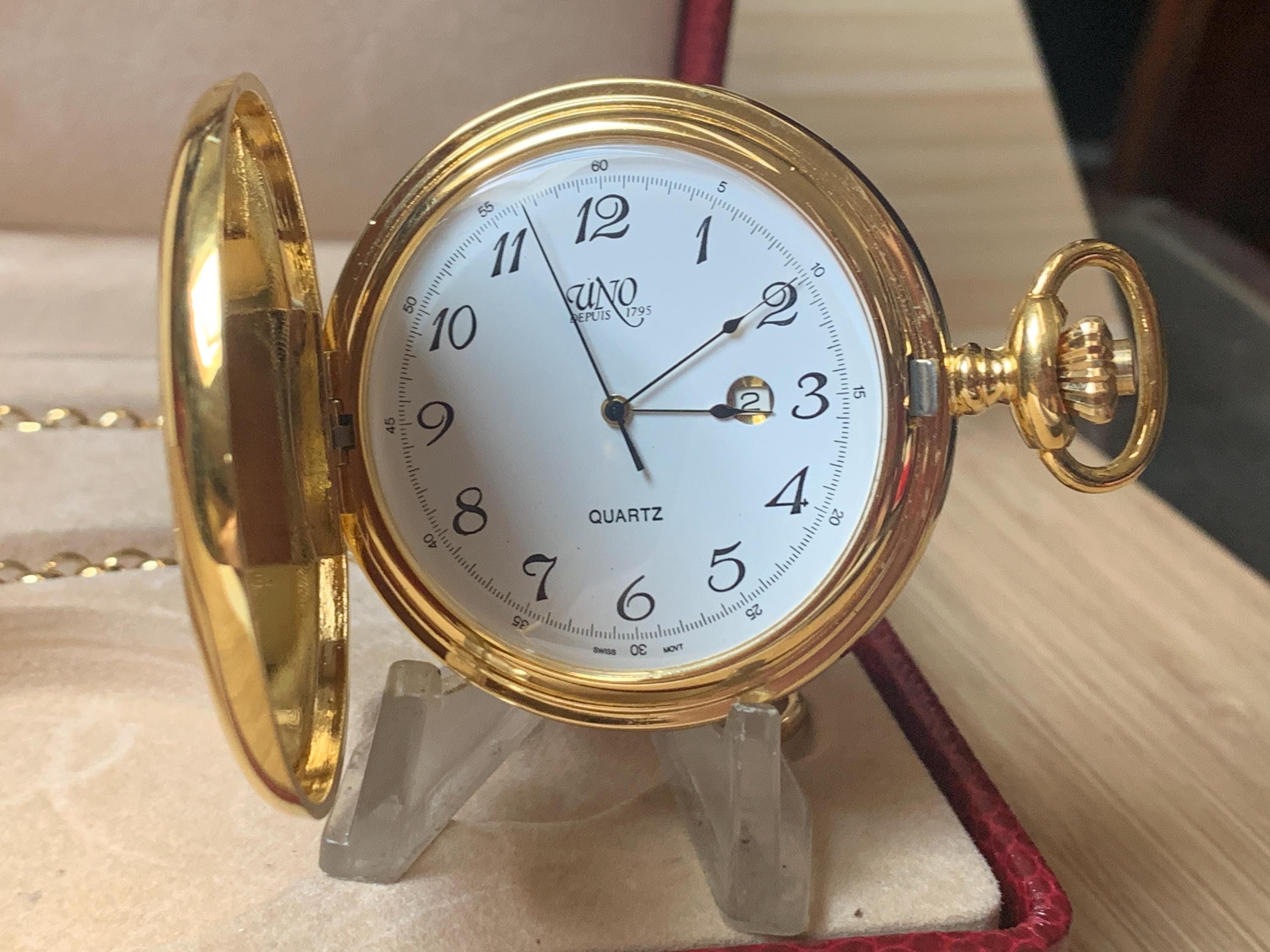 Vintage Uno Full Hunter "thanks" Quartz Pocket Watch With Tone Gold ...