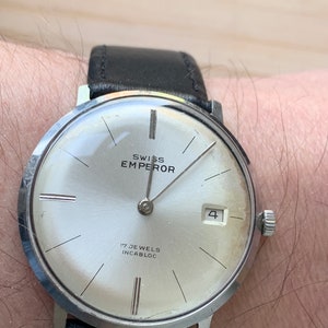 1960s Swiss Emperor Men's Thin All Stainless Steel Dress Watch 17 ...