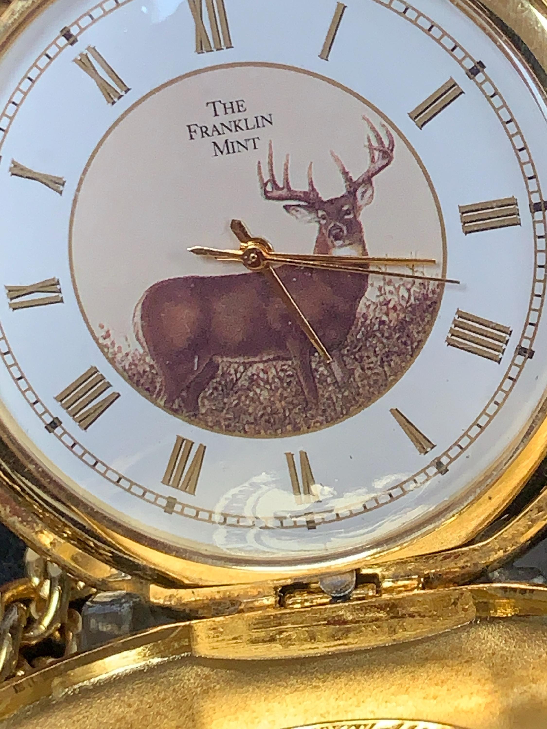 Franklin Mint 10 Point Buck Pocket Watch Keeps Good Time With Chain and ...