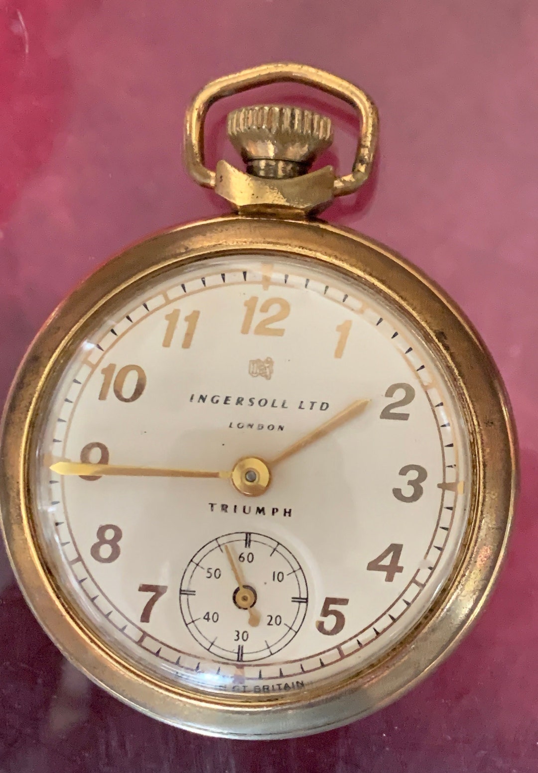 Vintage Gilt Cased Ingersoll London Triumph Gilt Metal Open Face Pocket Watch With Arabic ...