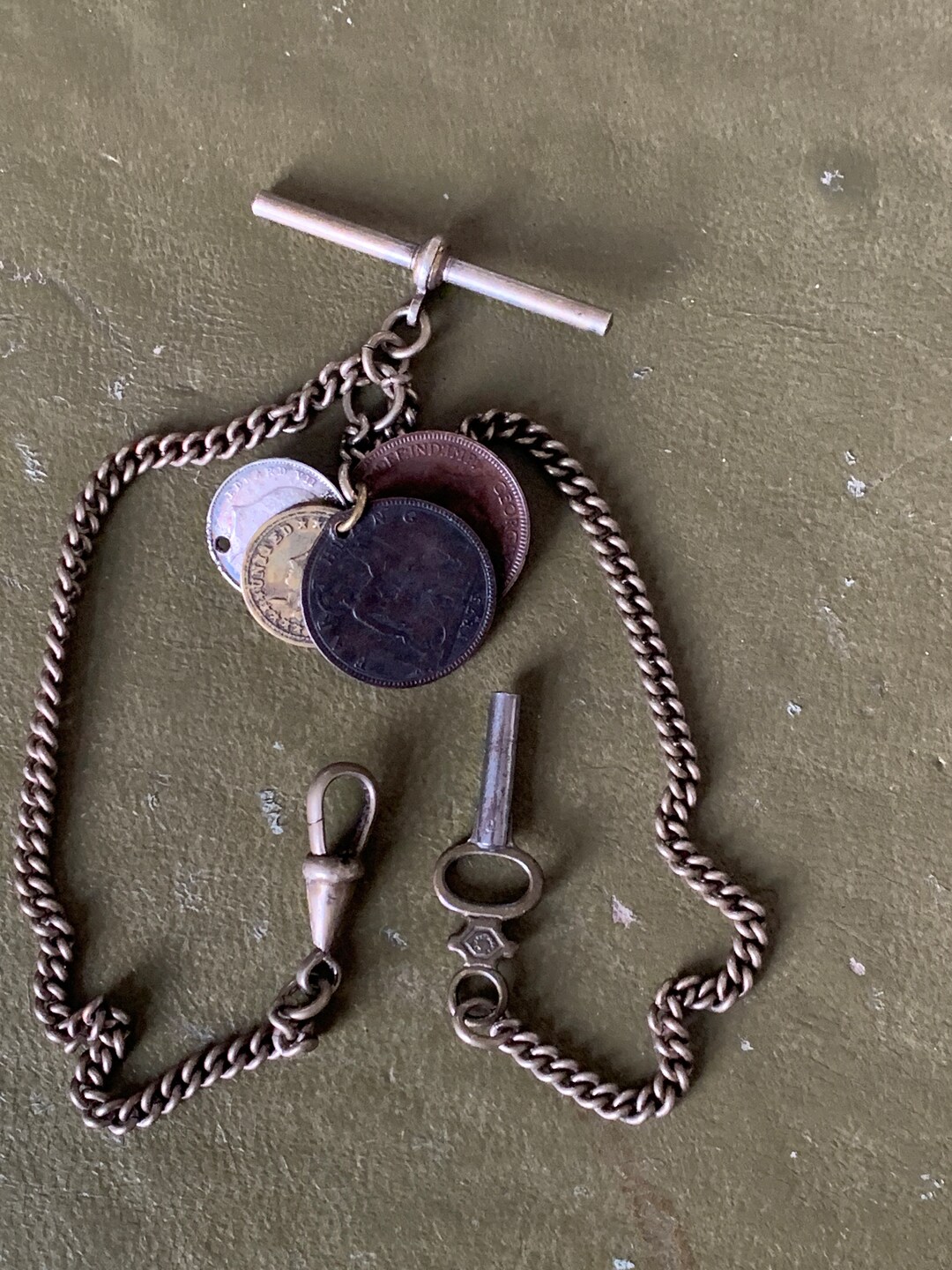 Yellow Metal Thin Double Albert Chain With Vintage Key and 4 Coin Fobs ...