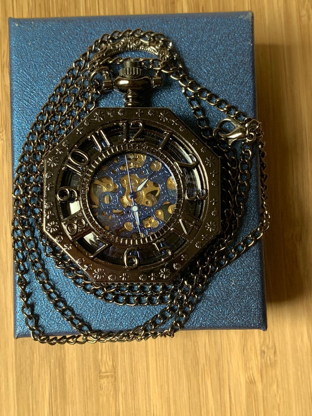 8 Sided Strada Half Hunter Style Mechanical Pocket Watch, Black Tone ...