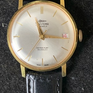 Vintage Mens Gold Plated Systema Extra Flat Incabloc Date Wrist Watch ...