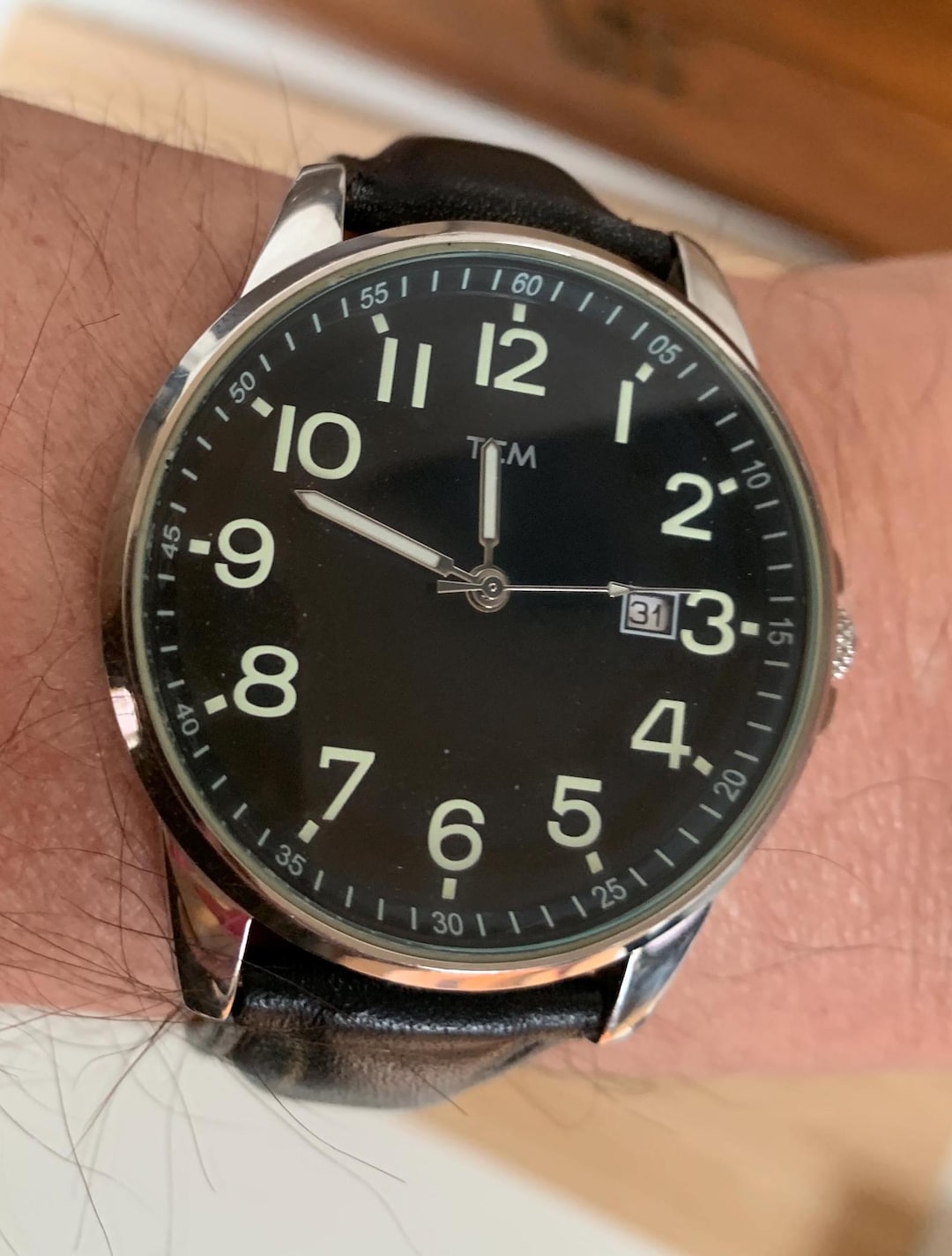 Large TCM Mens Military Style All Stainless Steel Watch With Black ...