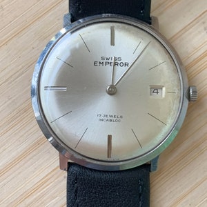 1960s Swiss Emperor Men's Thin All Stainless Steel Dress Watch 17 ...