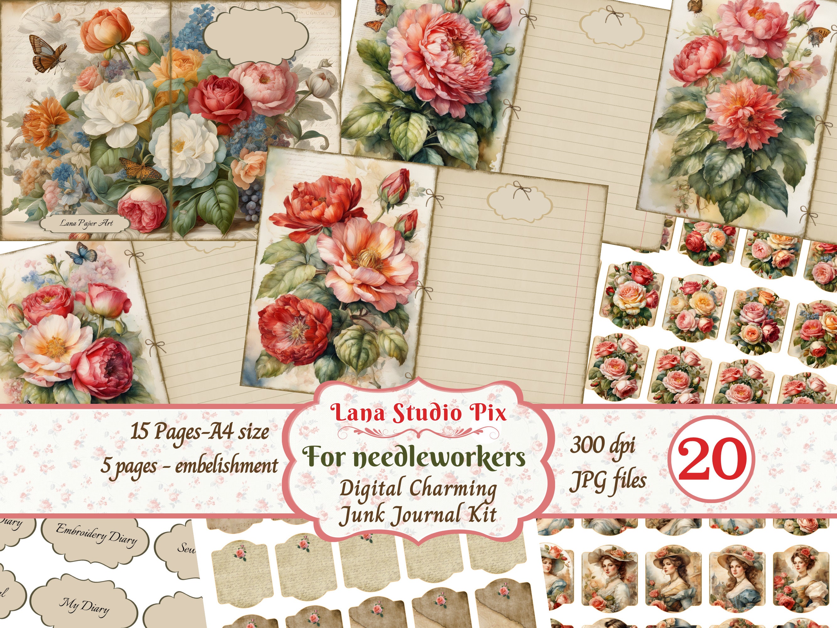 Floral Junk Journal Digital Download, Cross Stitch Diary, Sewing ...