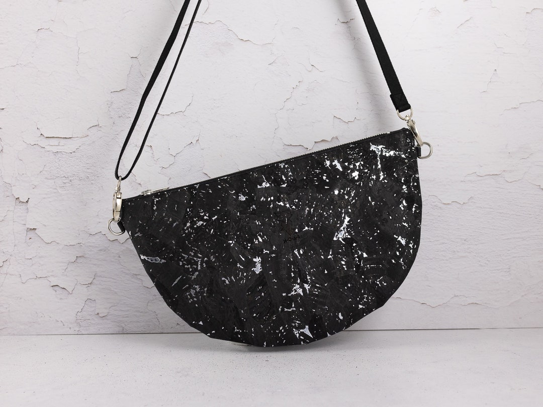 Moon Bag Cork Black Silver - Half-moon Bag - Round Handbag With Zipper ...