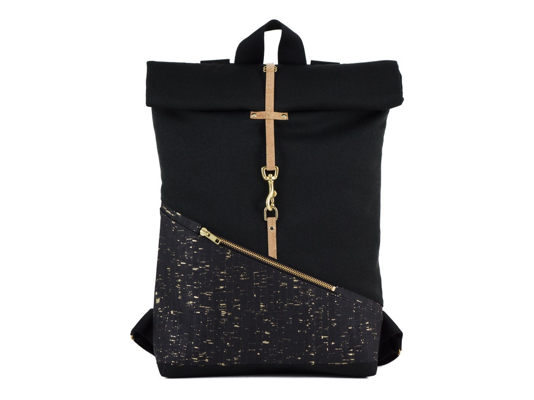 Rolltop Backpack Cork Black Gold Canvas Black Small With - Etsy