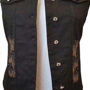 Black Denim Vest With Bling Gold Crystal Designs and Rhinestone Buttons ...