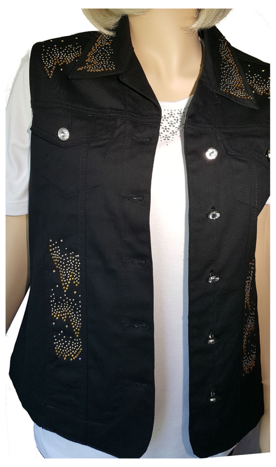 Black Denim Vest With Bling Gold Crystal Designs and | Etsy