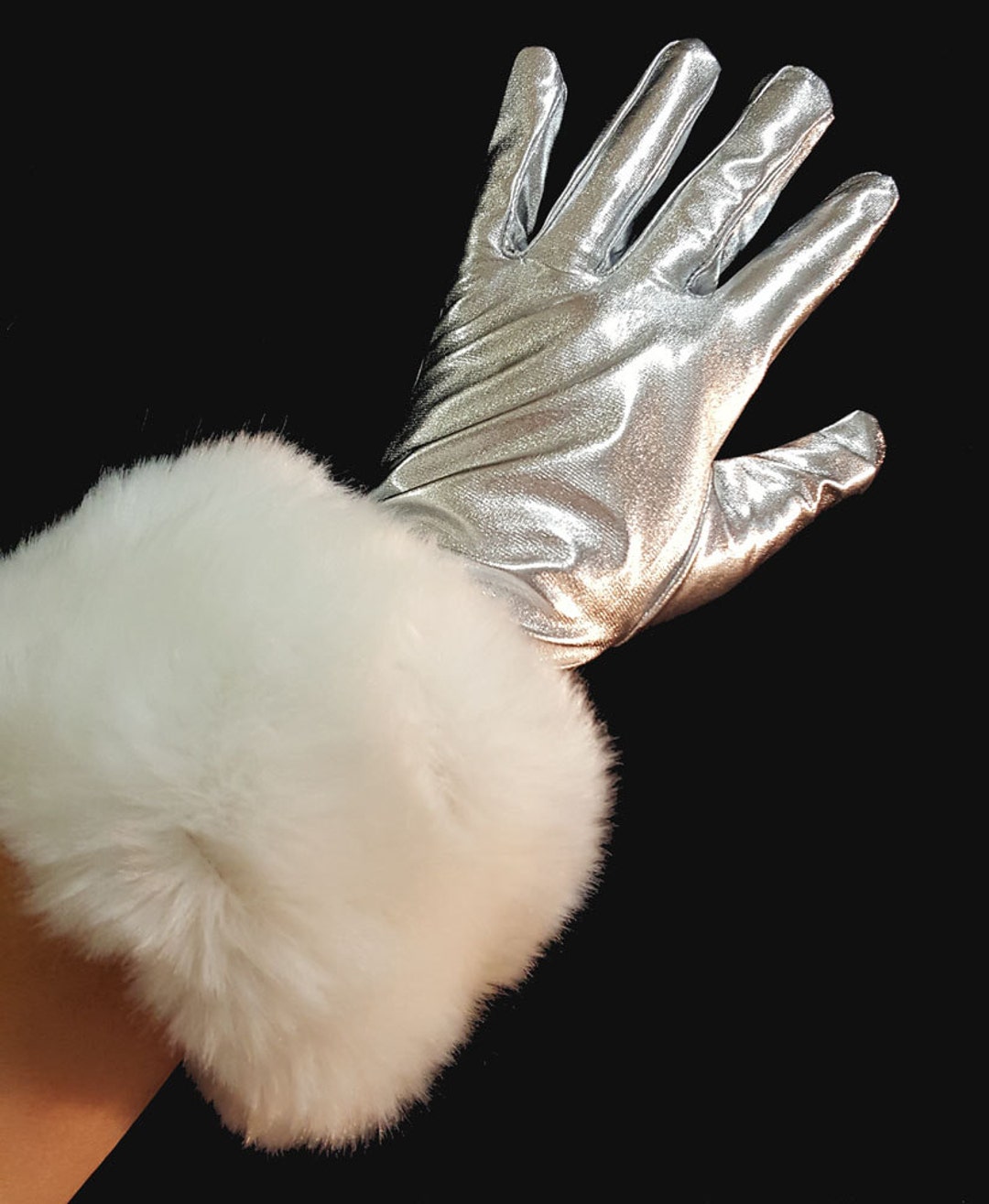 Silver Gloves With Faux Fur Cuffs. Ladies Size Med-lg Size. - Etsy