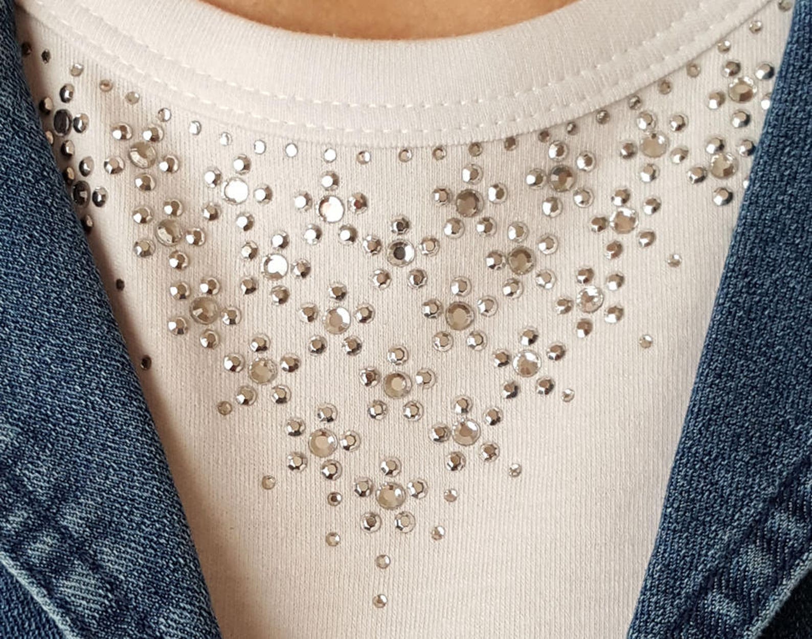 Bling Shirt White With Rhinestone Embellished Neckline. Short - Etsy