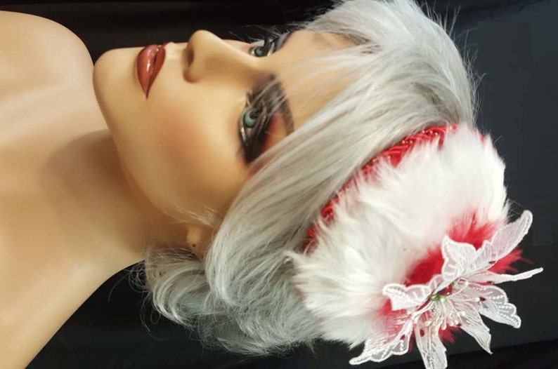 Christmas fascinator bling hat white faux-fur with red satin | Etsy