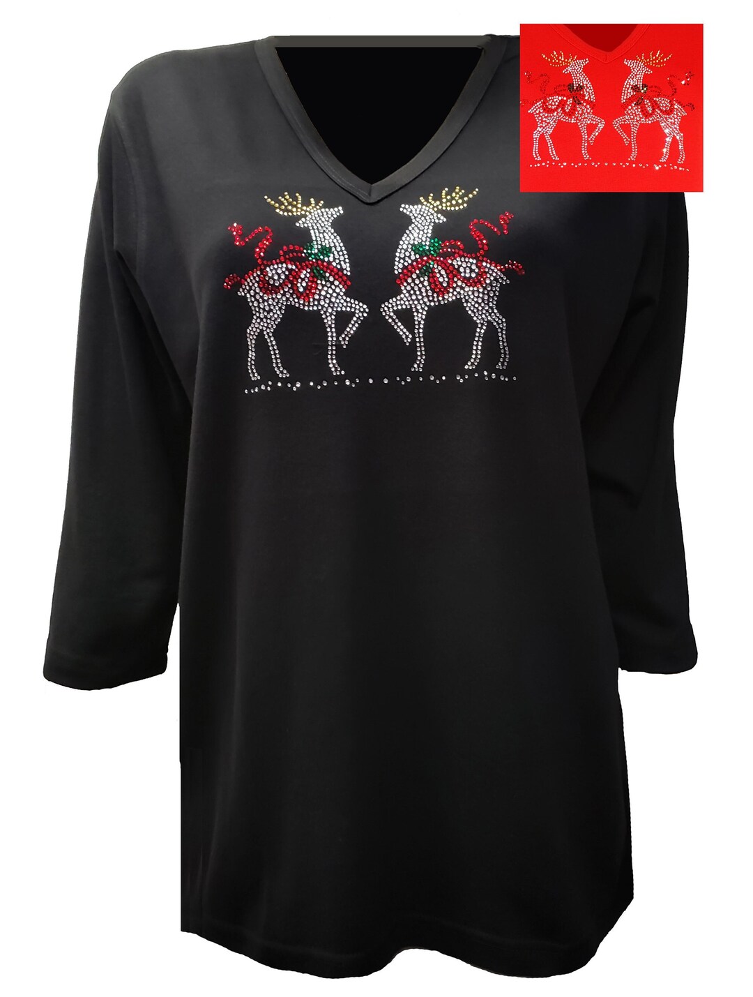 Christmas Reindeer Bling Shirt Black or Red With Rhinestone - Etsy