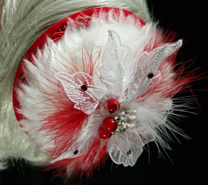 Christmas fascinator bling hat white faux-fur with red satin | Etsy