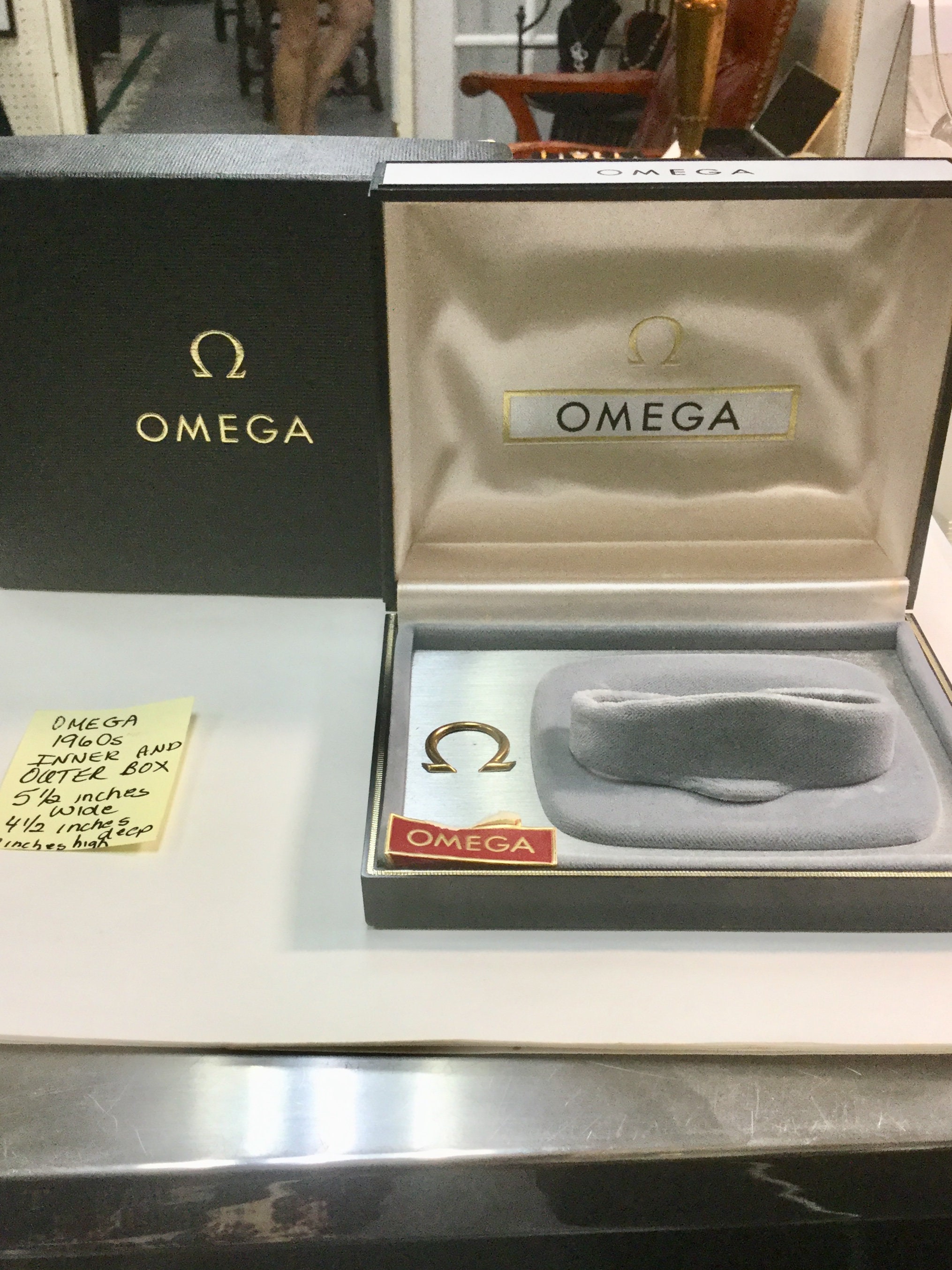 1960s Omega Wristwatch Inner and Outer Box 5 1/2 x 4 1/2 x 2 inches