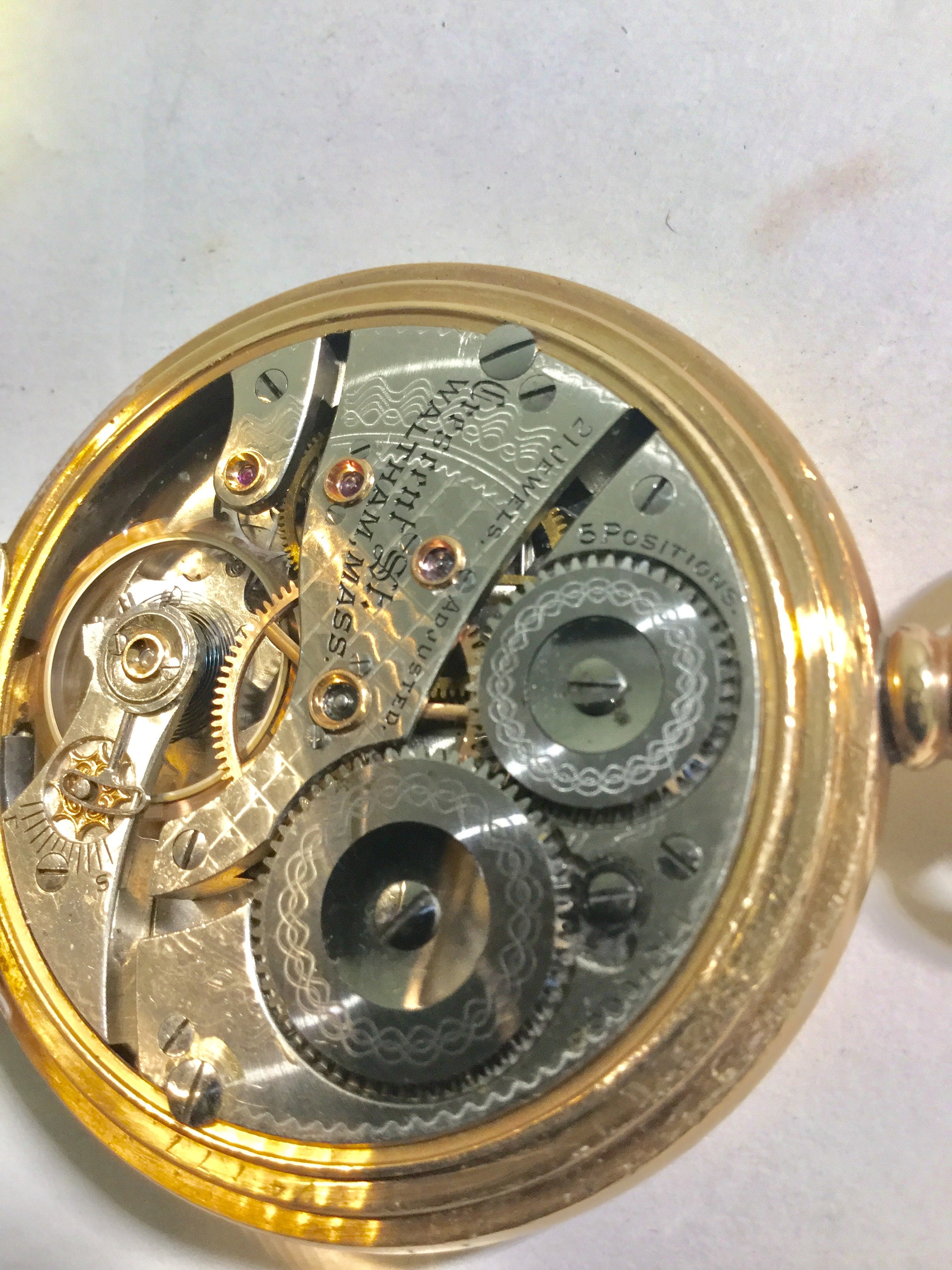 1908 Waltham Pocket Watch Crescent Street 21 Jewel Adj 5 Pos ...