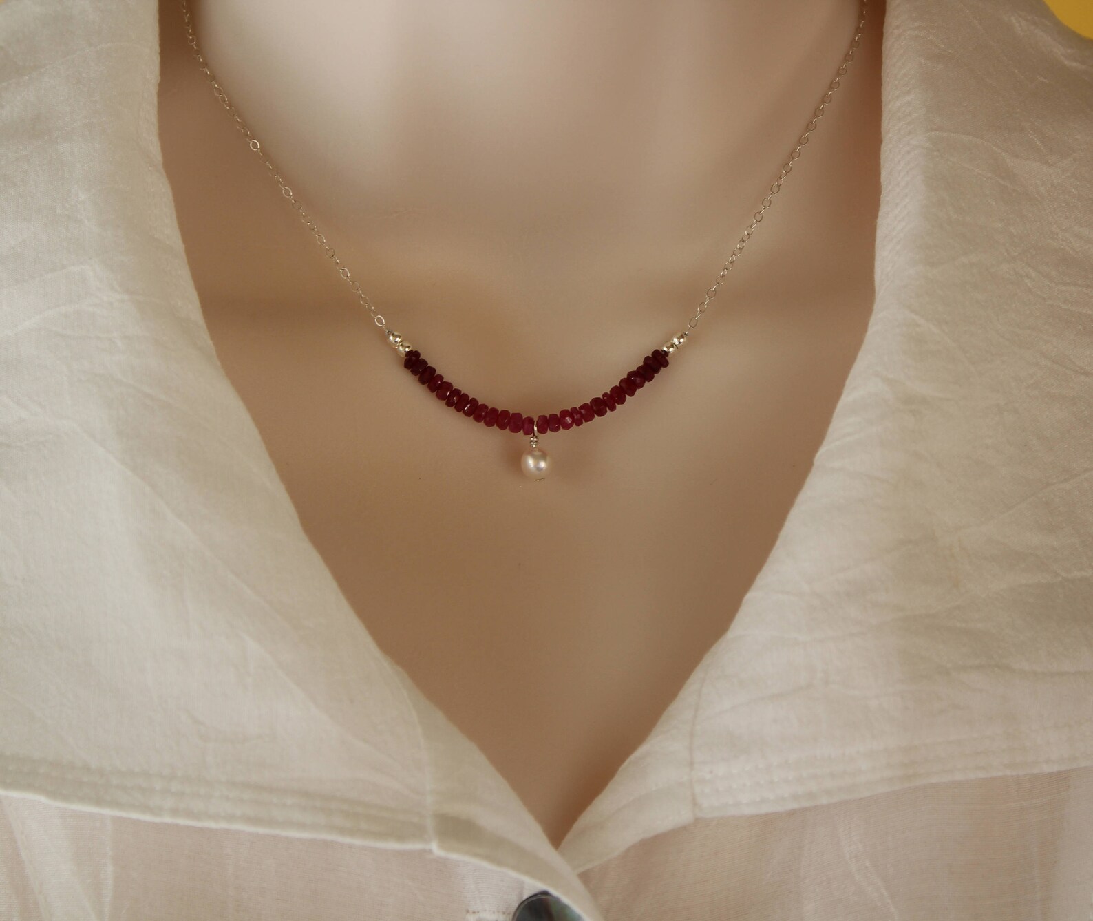 Longido Ruby Necklace With Freshwater Pearl July Birthstone | Etsy