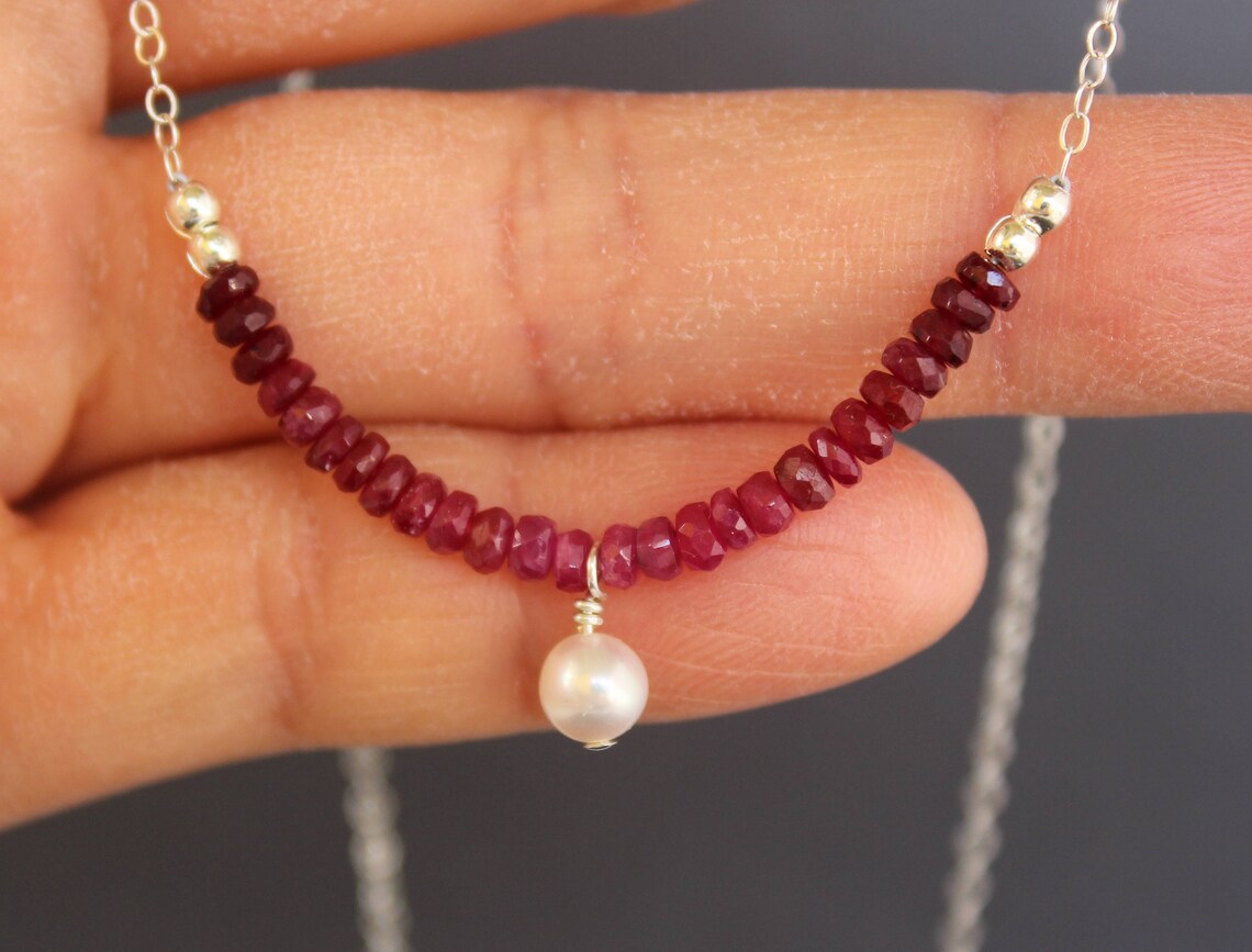 Longido Ruby Necklace With Freshwater Pearl July Birthstone | Etsy