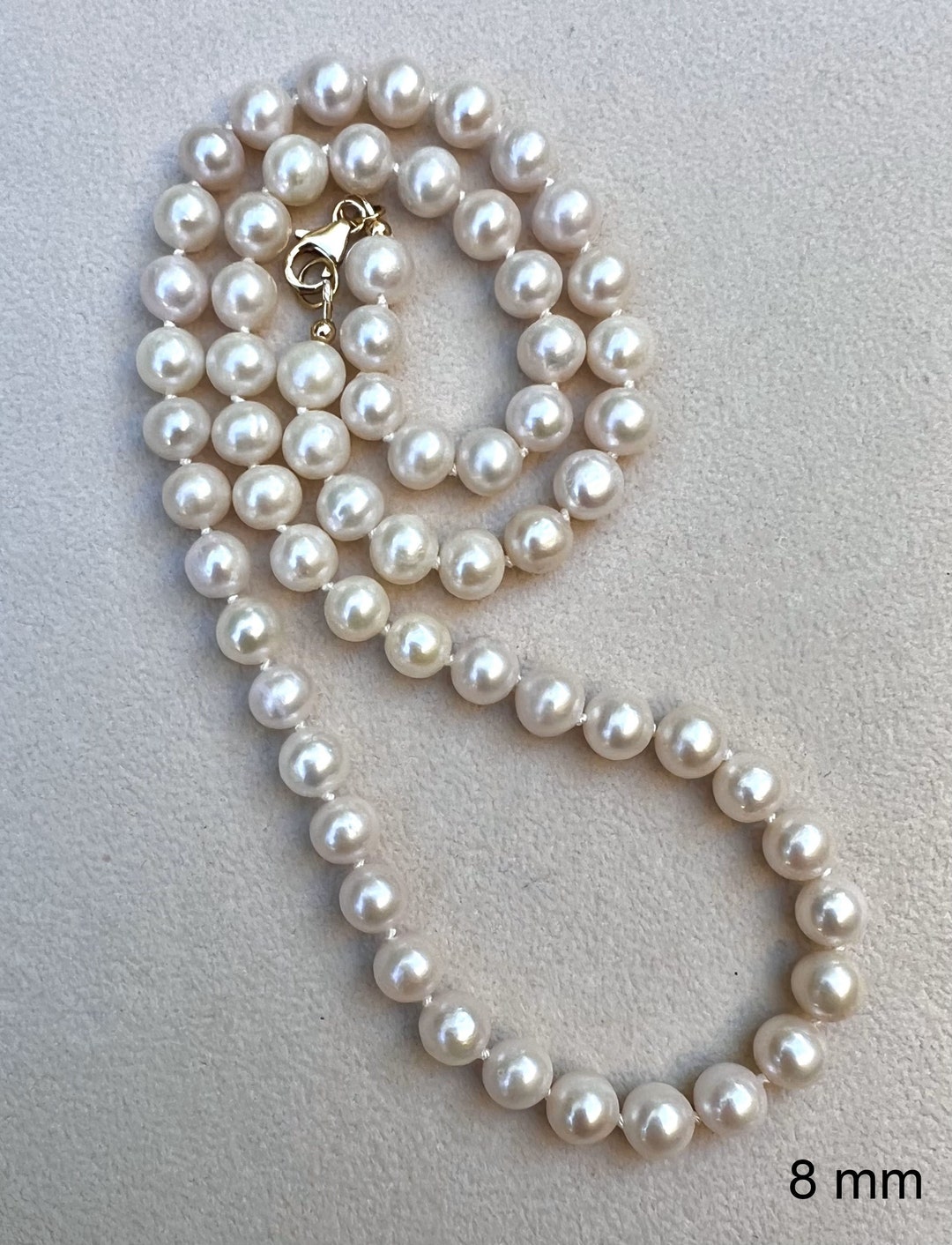 Genuine Pearl Necklace, Hand Knotted, Creamy White Almost Round Pearl ...